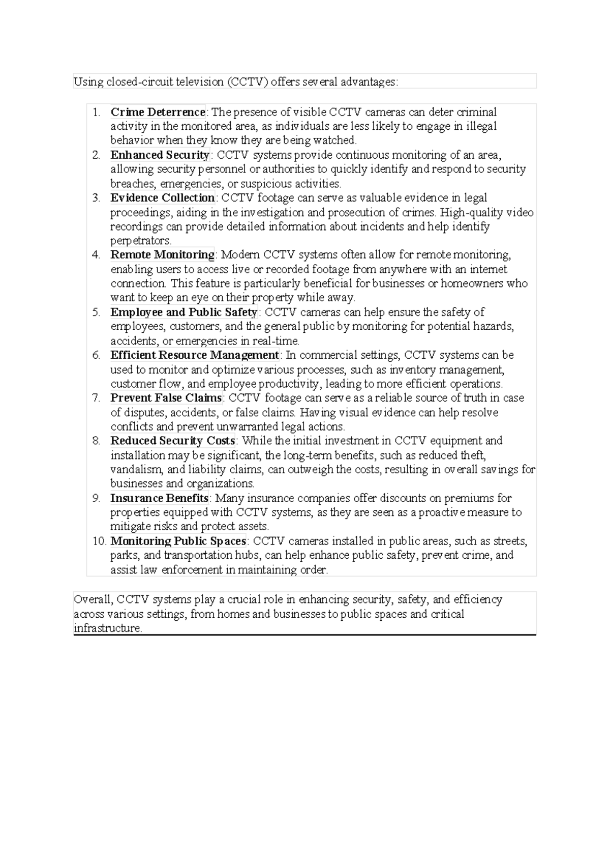 Cctv advantages - Notes - Using closed-circuit television (CCTV) offers ...