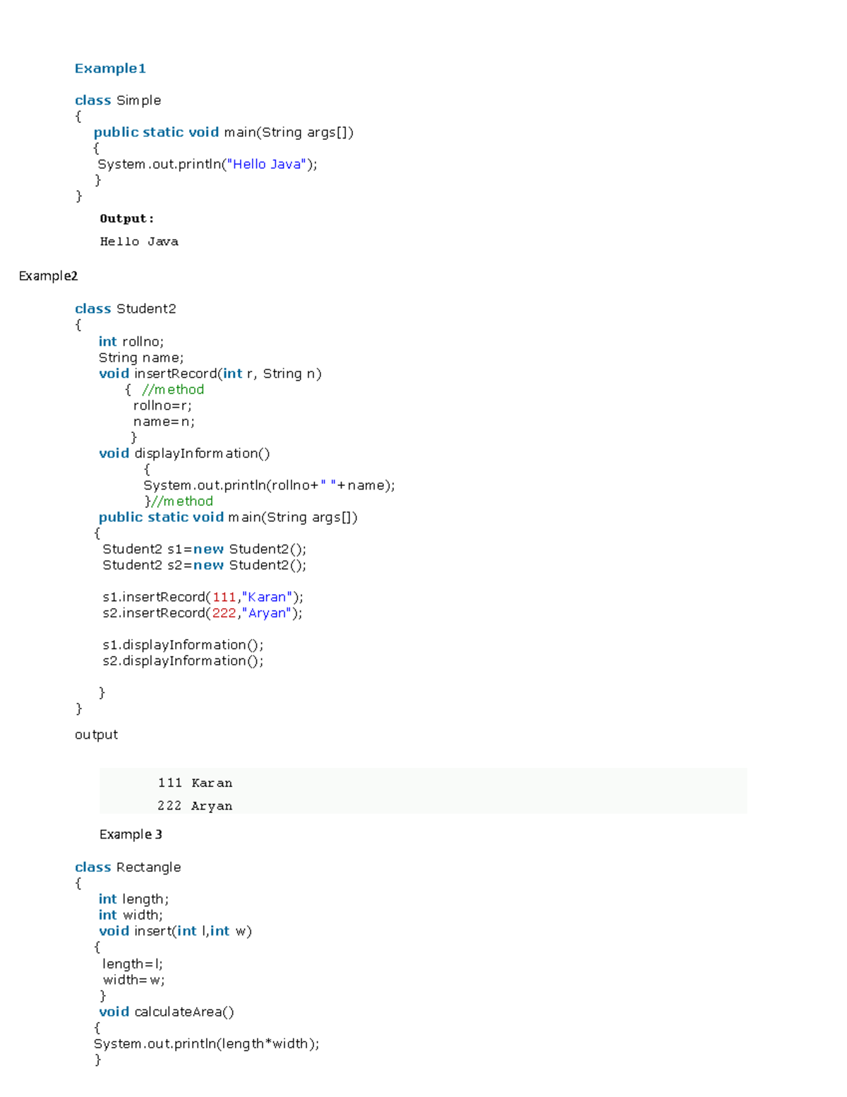 Module 1 and 2 programs - Example class Simple { public static void main(String args[]) { - Studocu