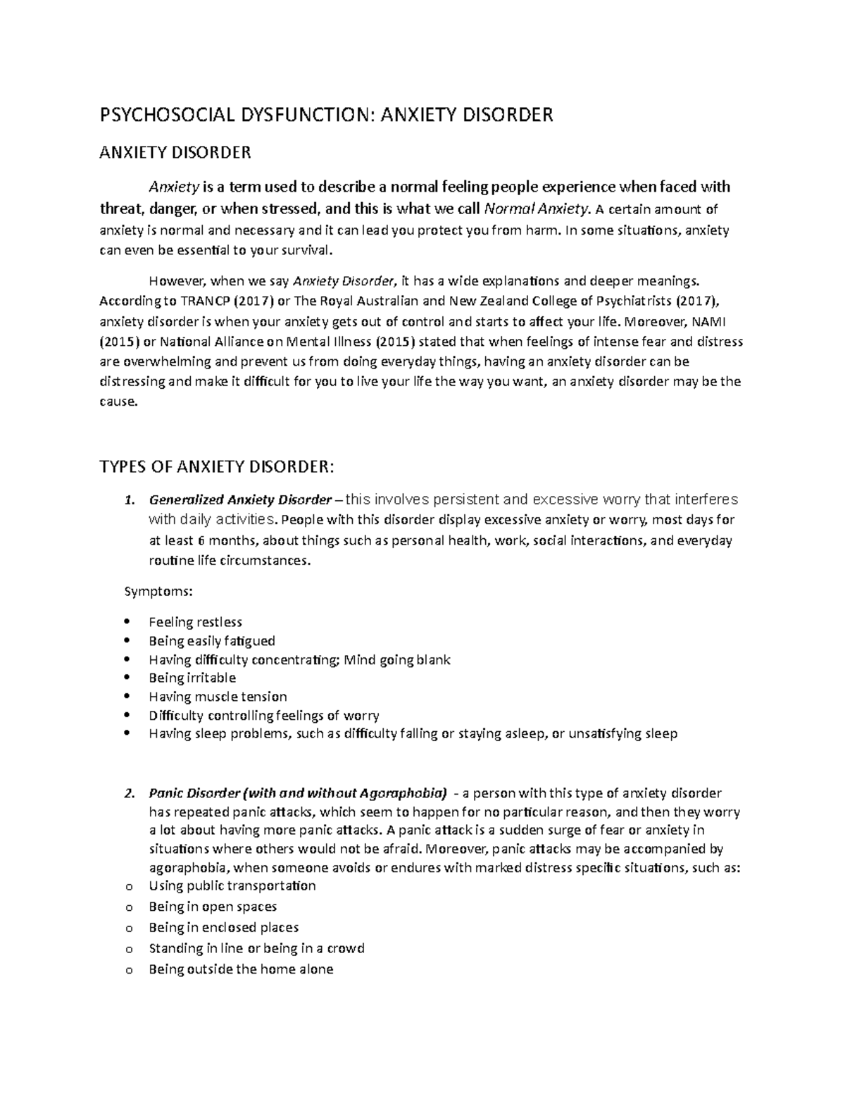 Psychosocial Dysfunction Anxiety Disorder - PSYCHOSOCIAL DYSFUNCTION ...