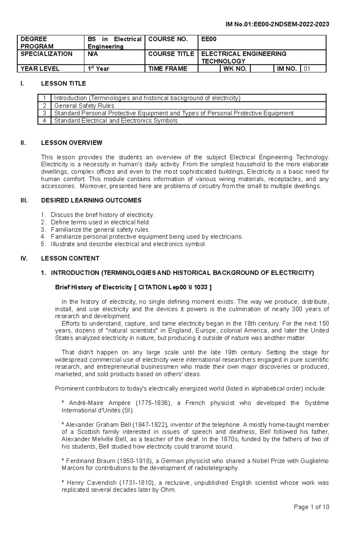 EE-Technology 1 - EE Tech Lecture Notes IM No. 01 - DEGREE PROGRAM BS ...