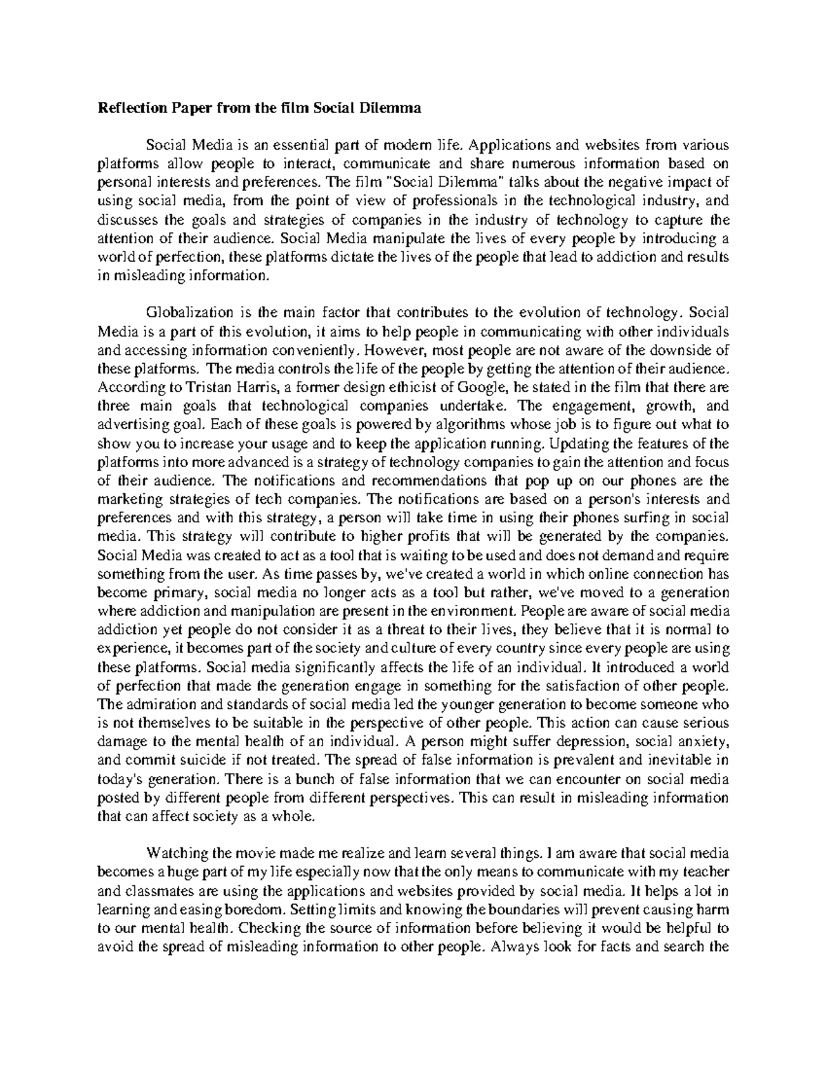 Reflection Paper from the film Social Dilemma - Applications and ...