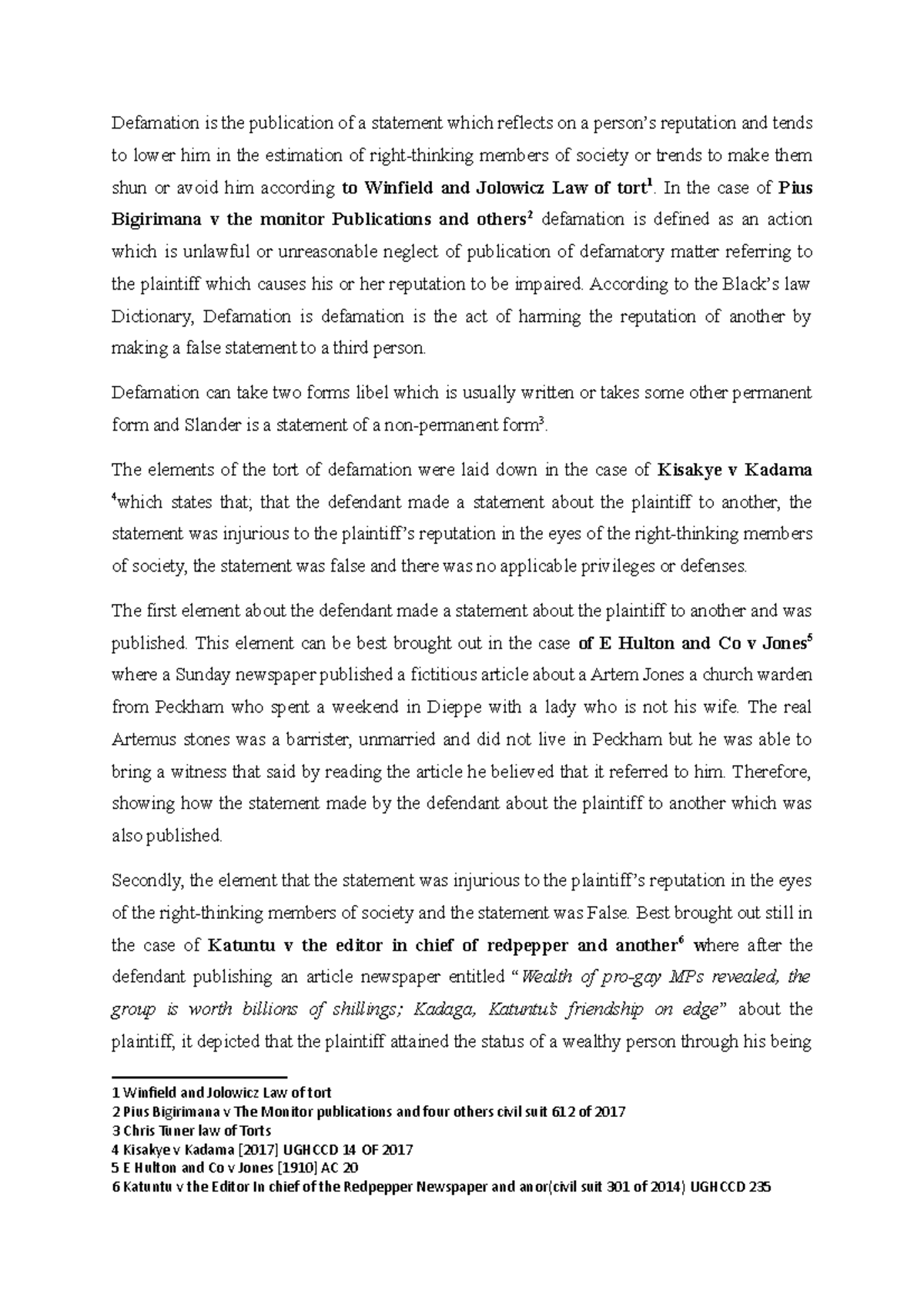 Tort course work - Defamation - Defamation is the publication of a ...