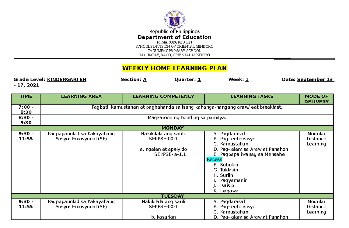 ( Quarter 1 WEEK1-10) Kinder WHLP S.Y. 2021-2022 - Republic of Philippines Department of ...