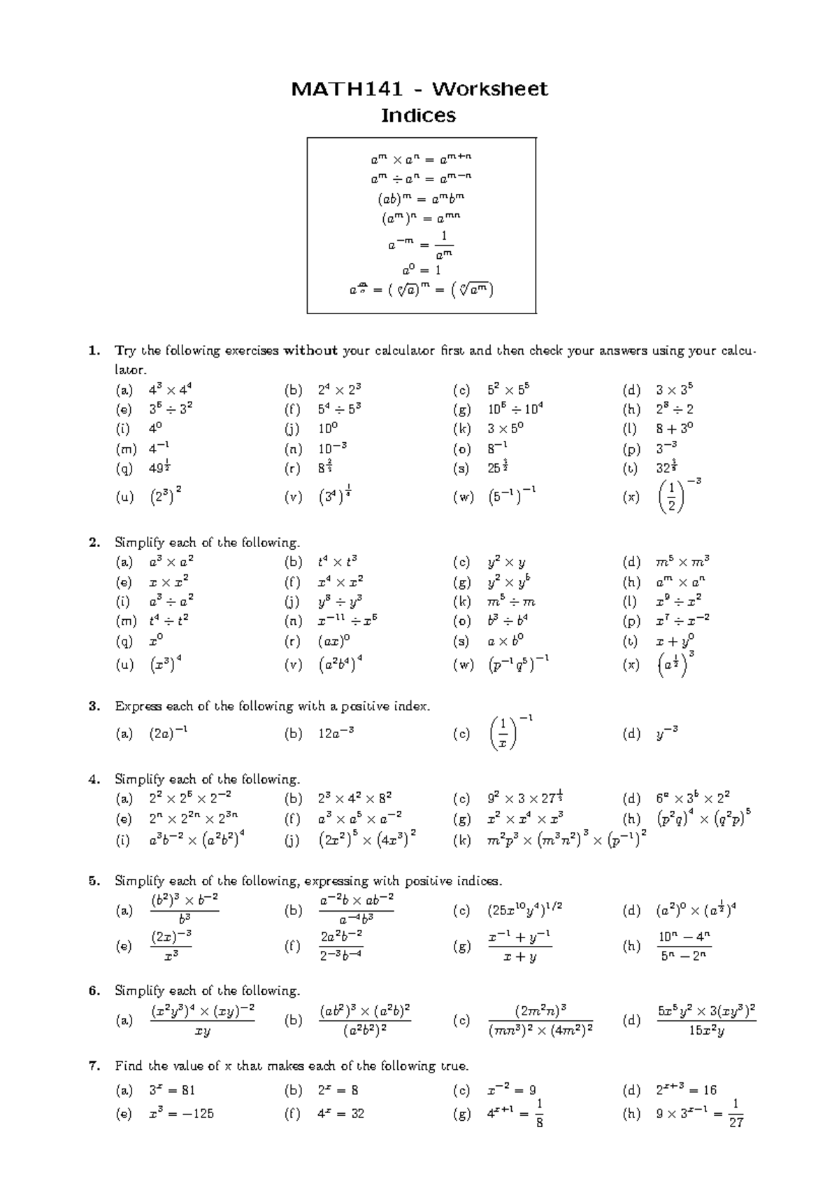 Indices - math questions - MATH141 - Worksheet Indices am × an = am+n ...