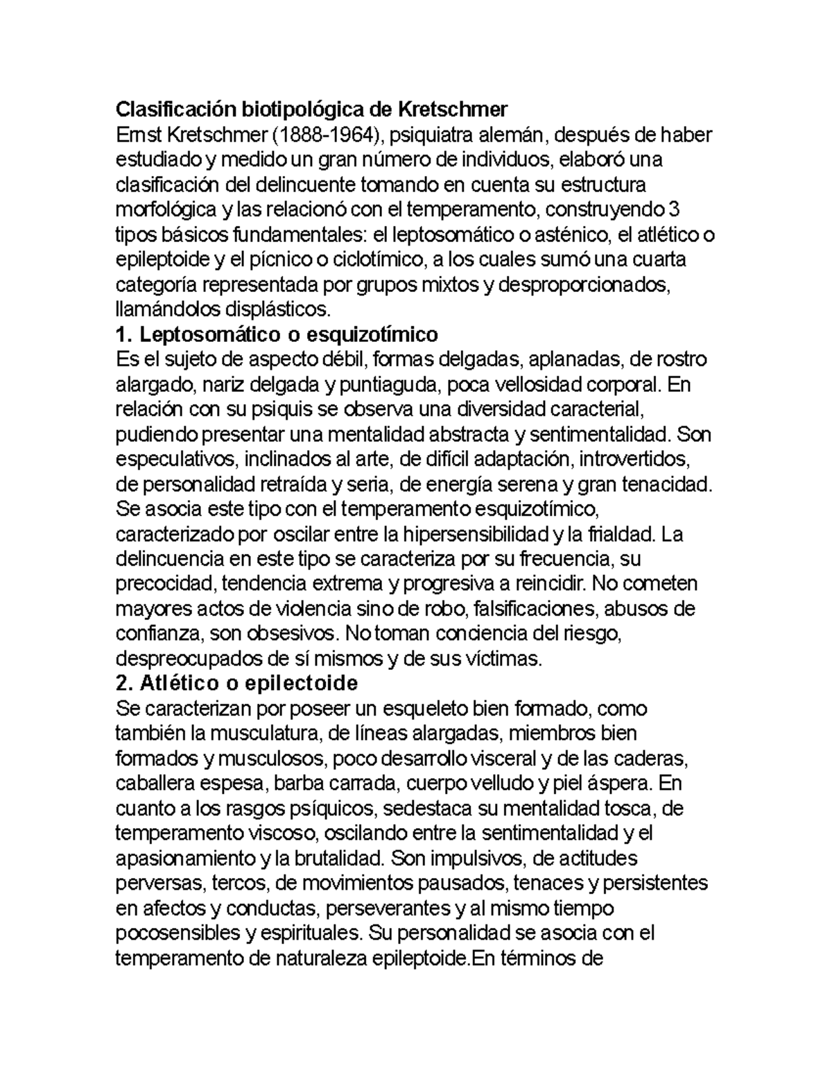 Criminologia Clasificación biotipológica de Kretschmer - Clasificación ...