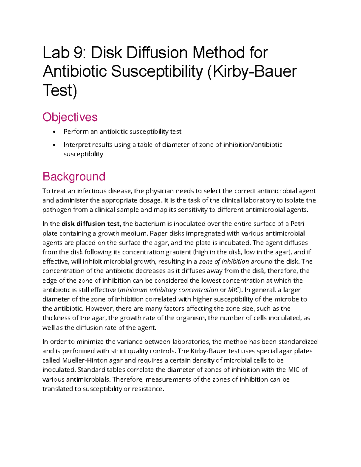 Lab 9 Report Kirby Bauer Lab 9 Disk Diffusion Method For Antibiotic Susceptibility Kirby