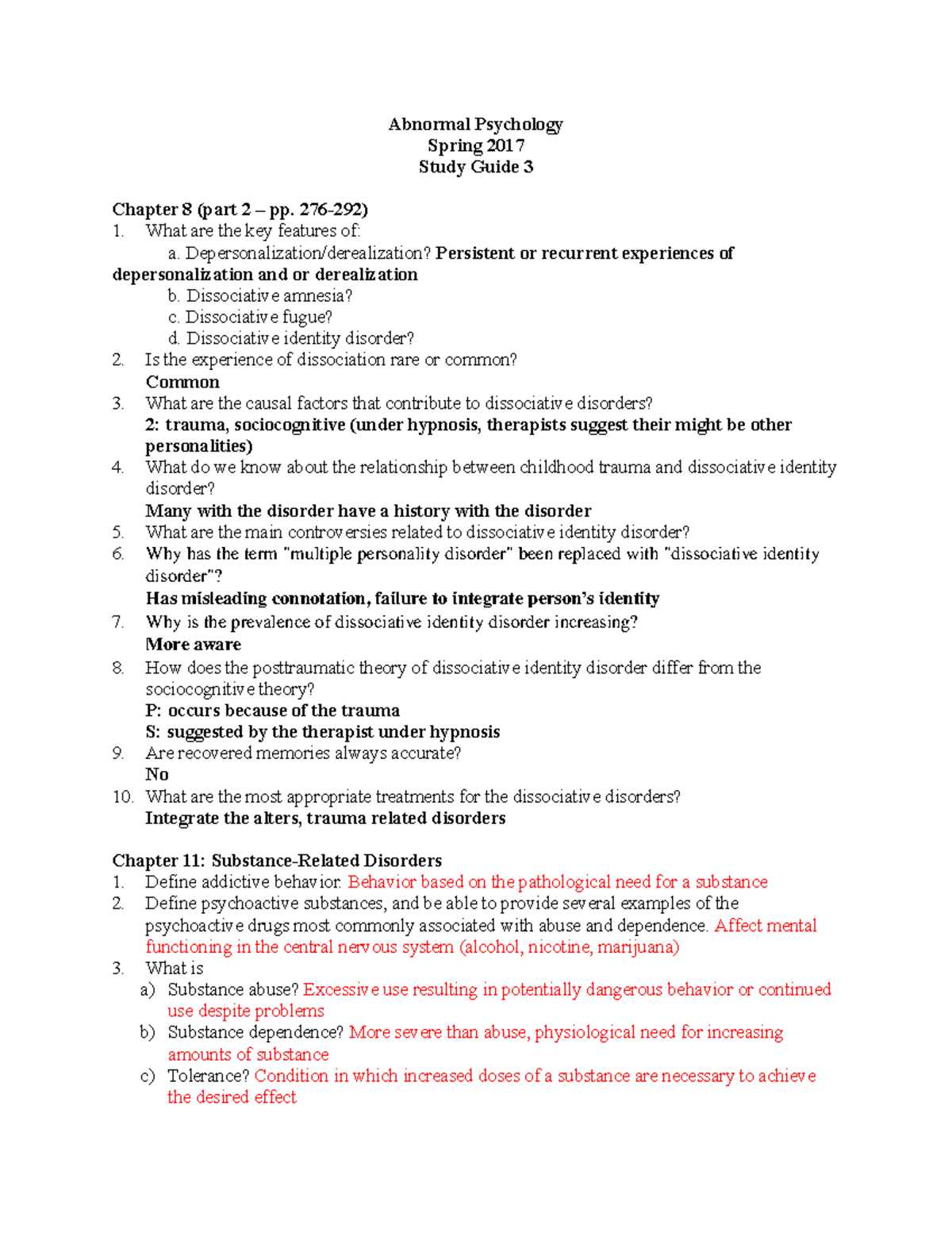 Study Guide 3 - Lecture notes Test 3 - Abnormal Psychology Spring 2017 ...