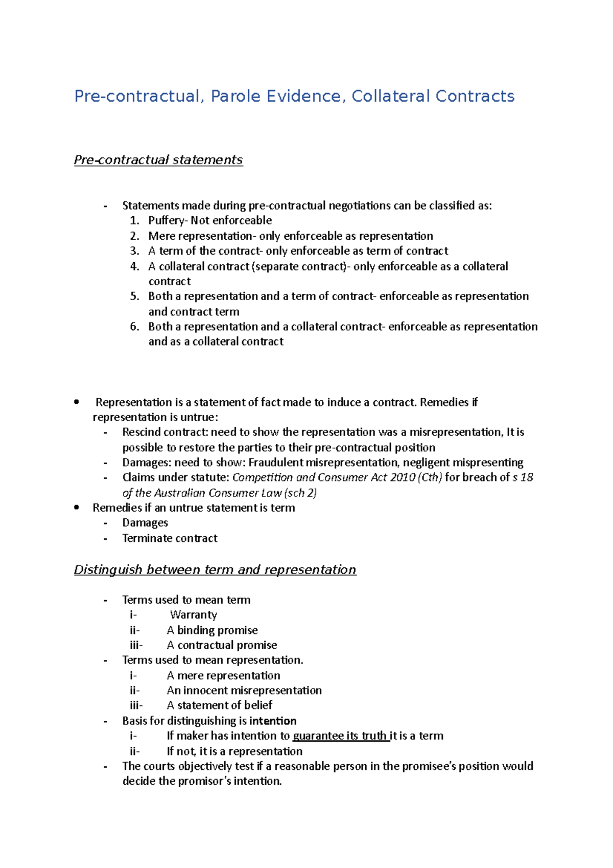 Pre-contractual, Parole Evidence, Collateral Contracts - LAWS2110 ...