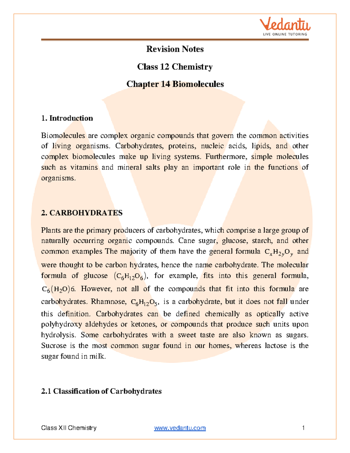 Revision Notes on CBSE Class 12 Chemistry Chapter 14 Biomolecules Free ...