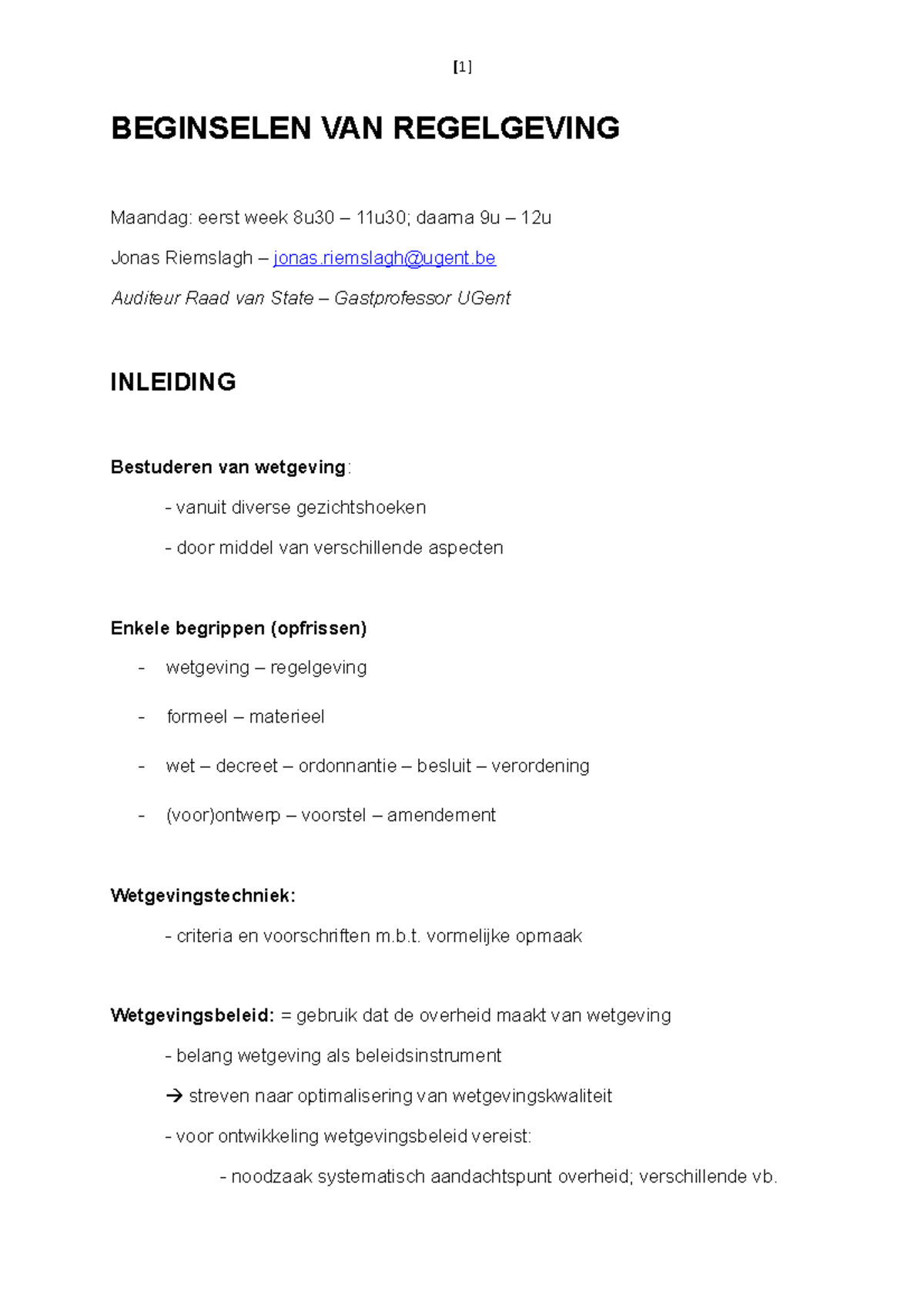 Lessen 2022-2023 Deel 1 - BEGINSELEN VAN REGELGEVING Maandag: eerst ...