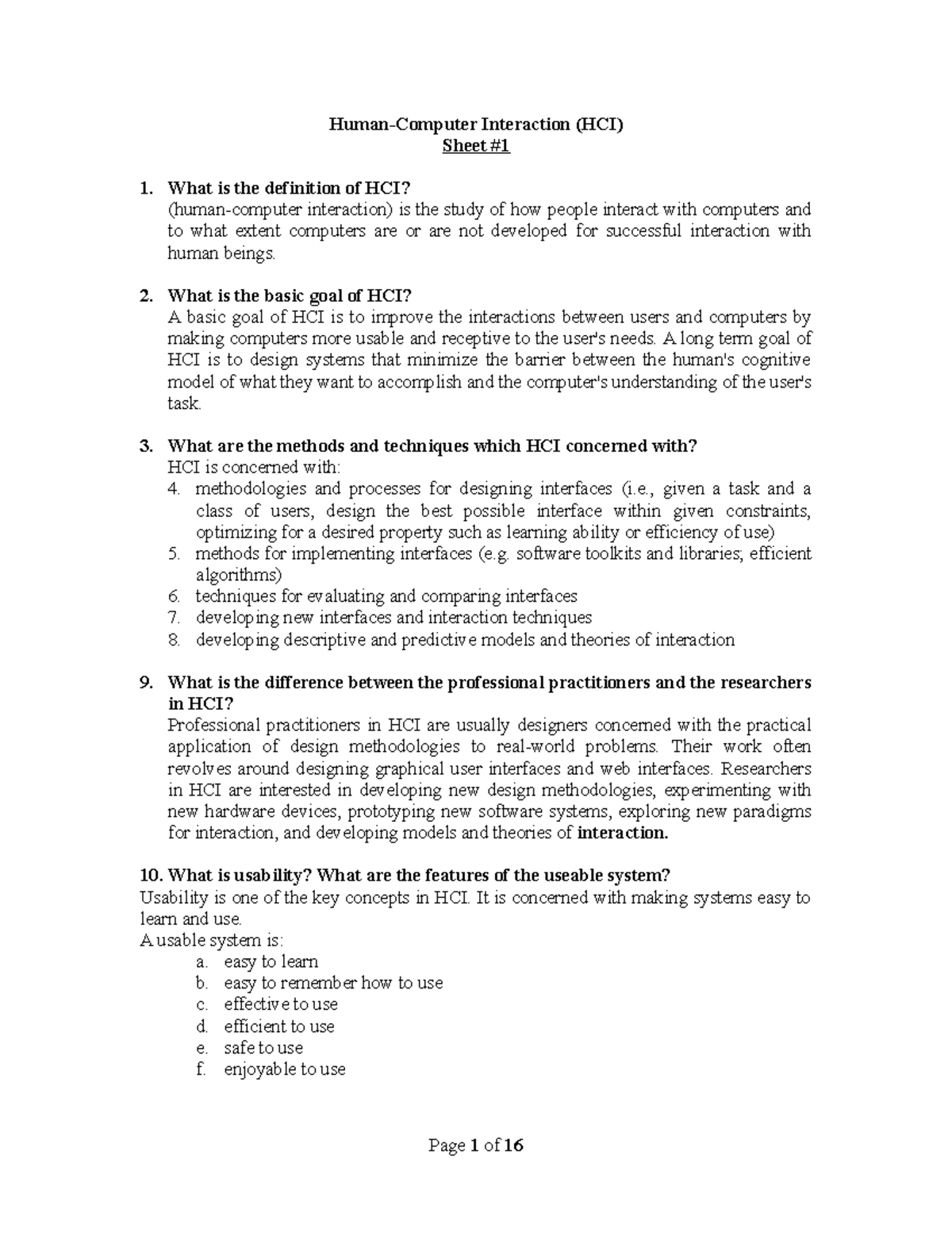HCI Questions and Answers - Human-Computer Interaction (HCI) Sheet # 1. What is the definition ...