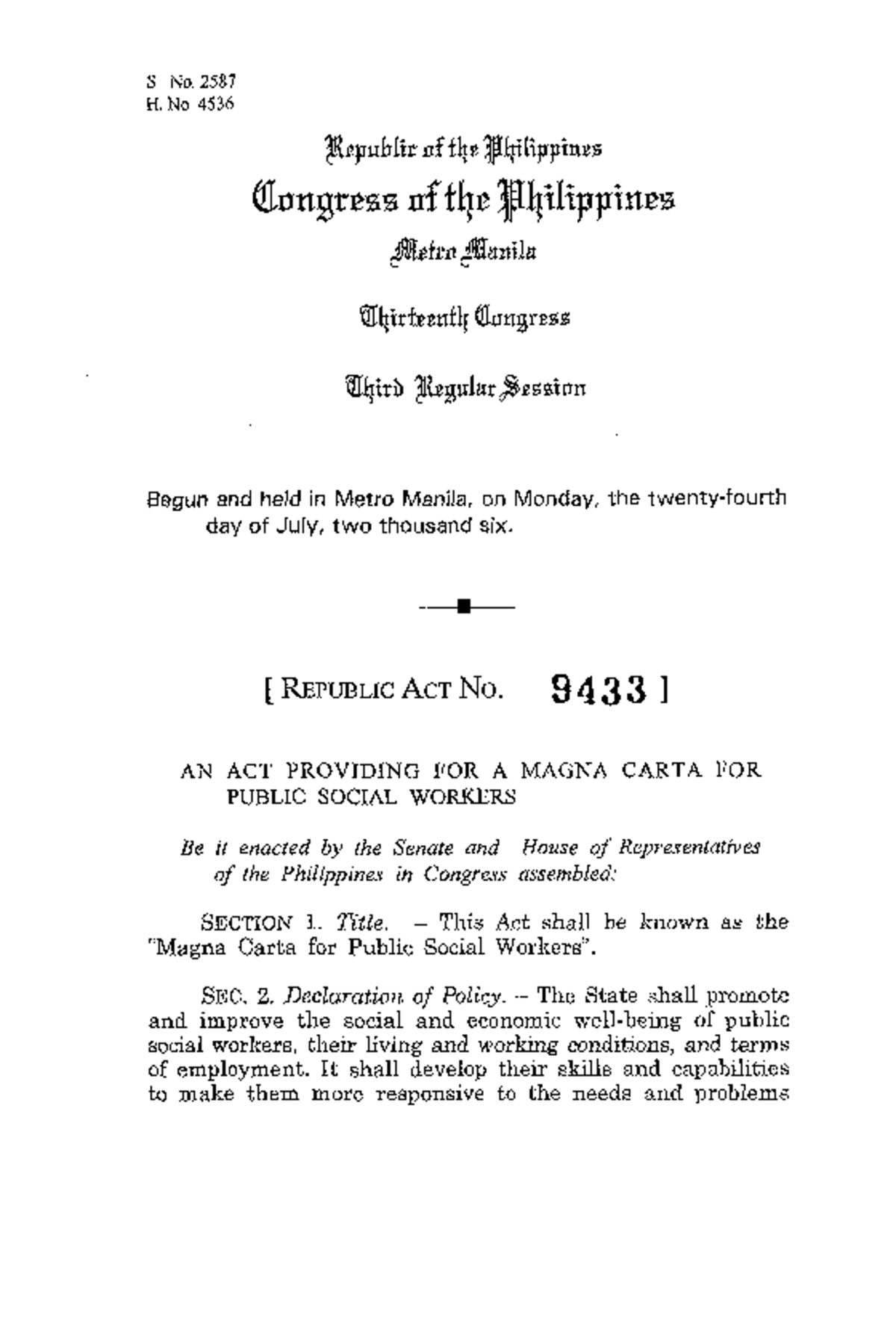 Ra 9433 (Magna Carta Social Worker) - S. zyxwvutsrqpNo. zyxwvuts 2587 H ...