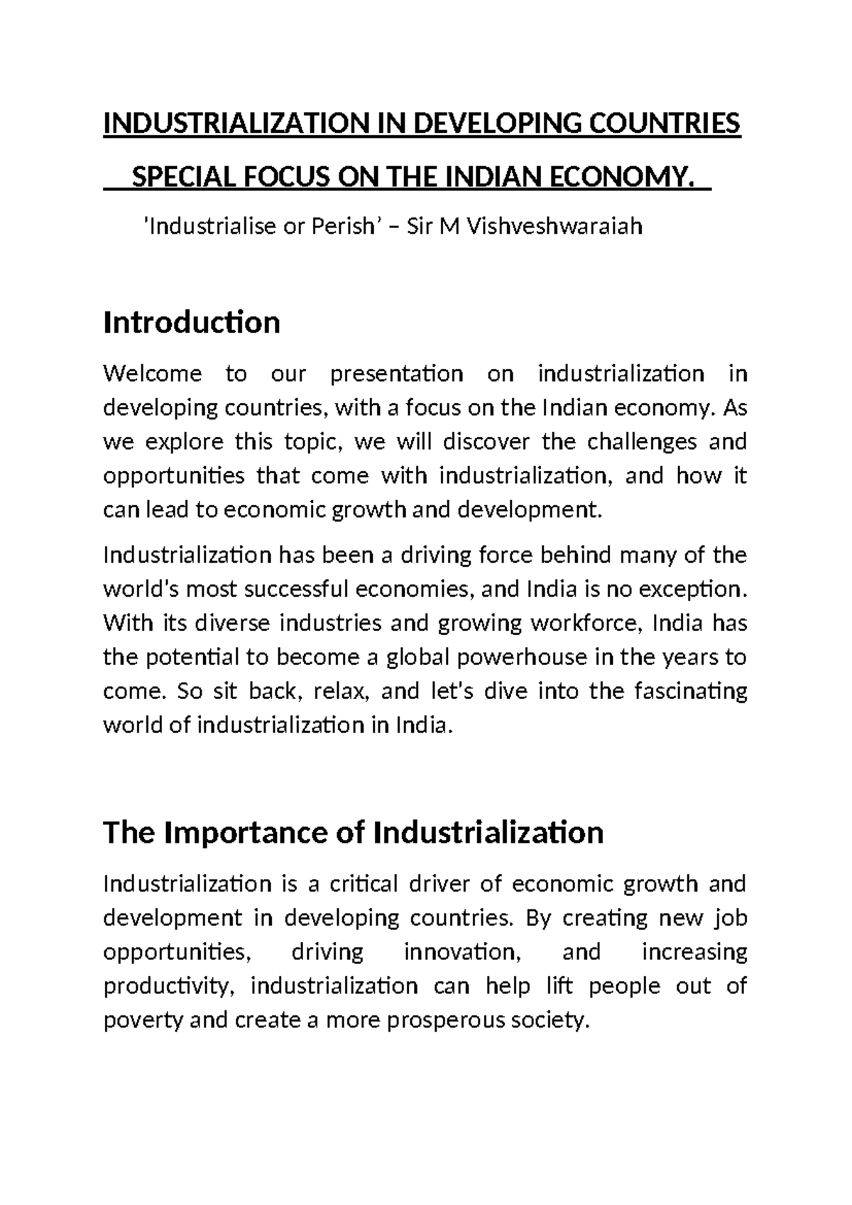 BE MINI Project - INDUSTRIALIZATION IN DEVELOPING COUNTRIES SPECIAL FOCUS ON THE INDIAN ECONOMY ...
