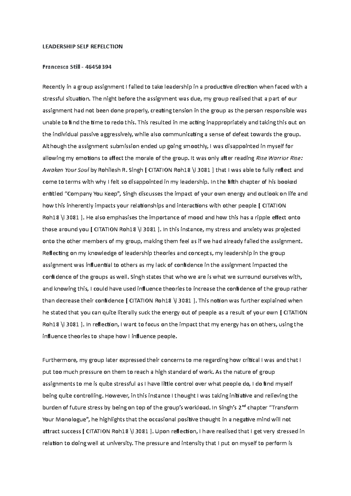 Leadership SELF Refelction - LEADERSHIP SELF REFELCTION Francesca Still ...