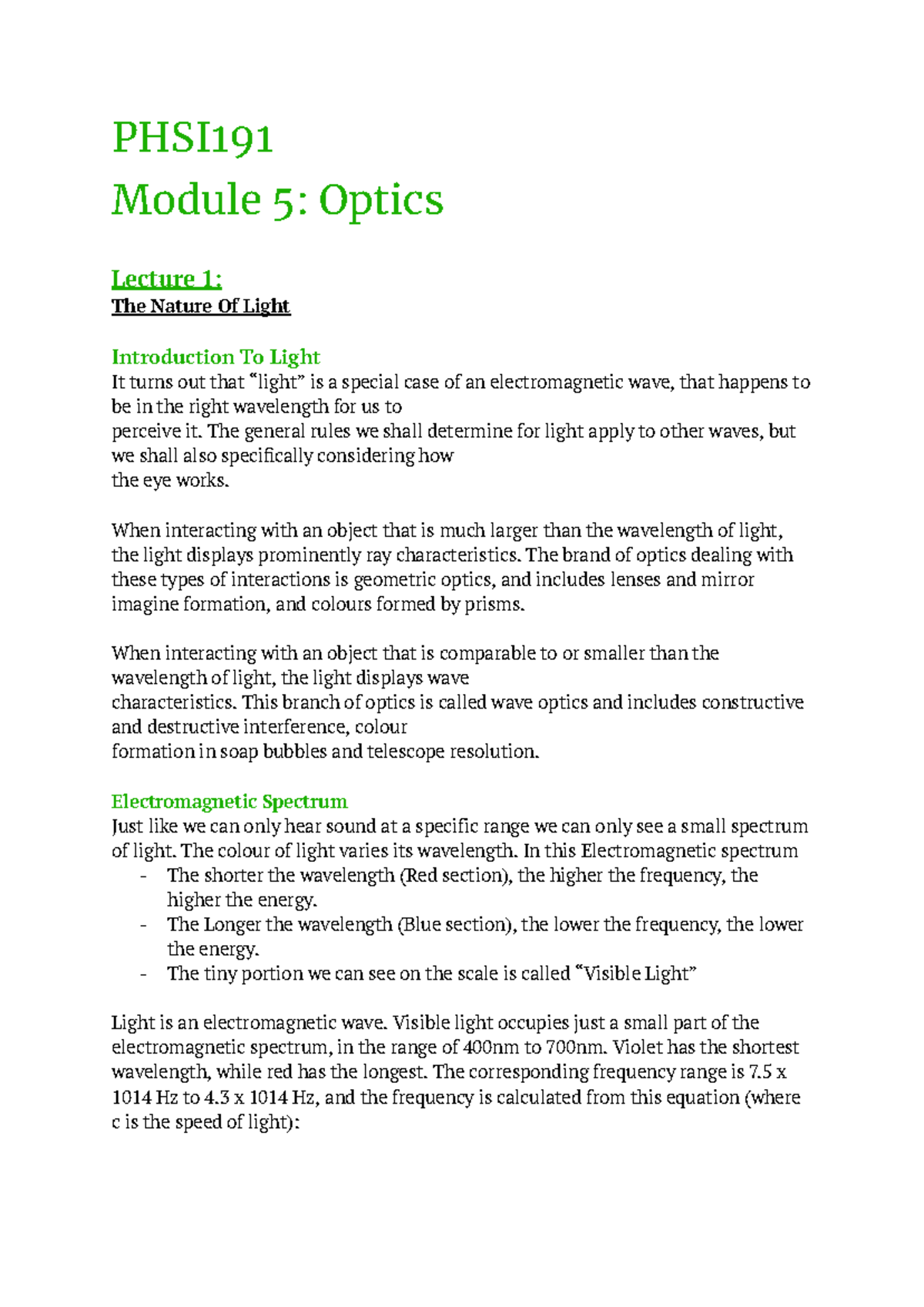 PHSI191 - Lecture 1&2 - PHSI Module 5: Optics Lecture 1: The Nature Of ...