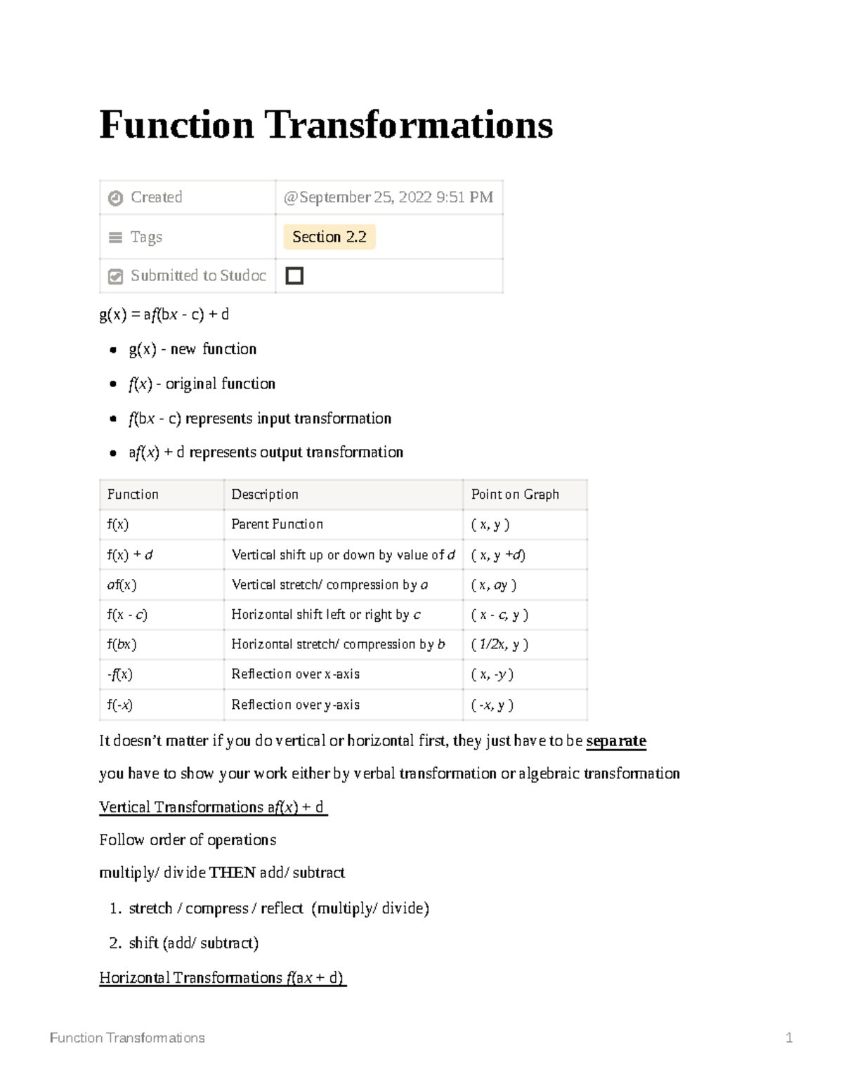 Function Transformations - Submitted to Studoc g(x) = a f (b x - c) + d g(x) - new function f ...