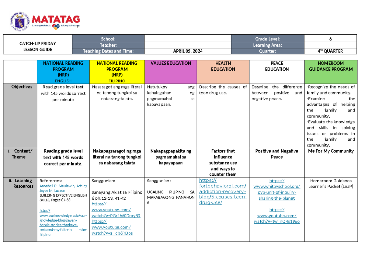 Grade 6 Catch UP April 052024 - s CATCH-UP FRIDAY LESSON GUIDE School ...