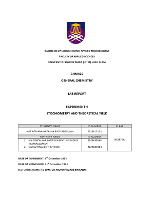LAB Report CHM 420 Experiment 2 - CHM 420 LAB REPORT NAME: MUHAMMAD ...