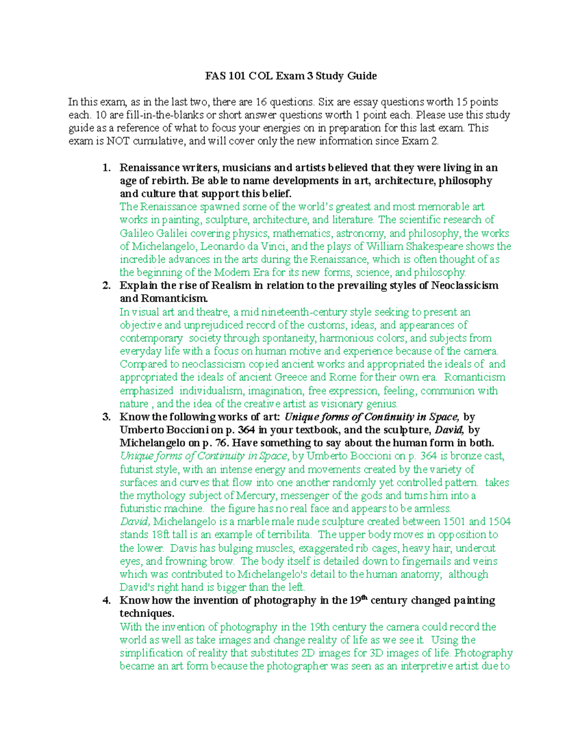 FAS 101 Exam 3 Study Guide FA10 - FAS 101 COL Exam 3 Study Guide In ...