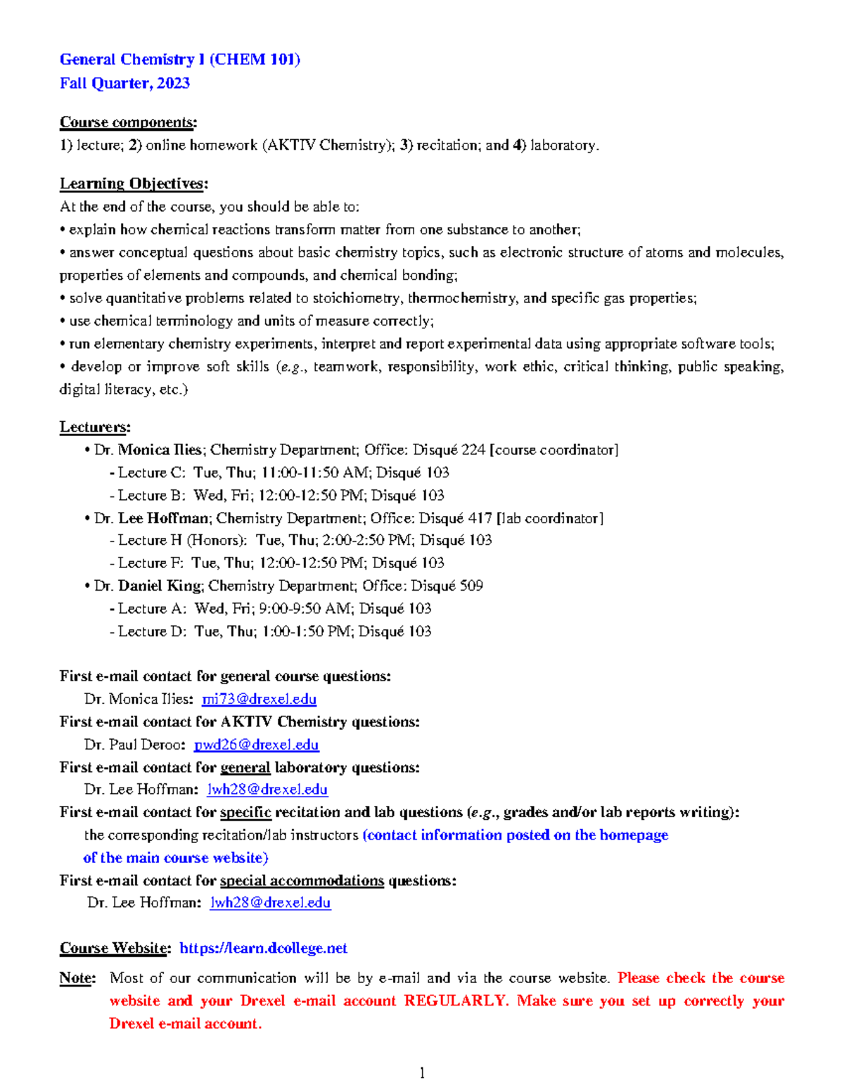Syllabus - CHEM 101 - General Chemistry I (CHEM 101) Fall Quarter, 2023 Course components ...