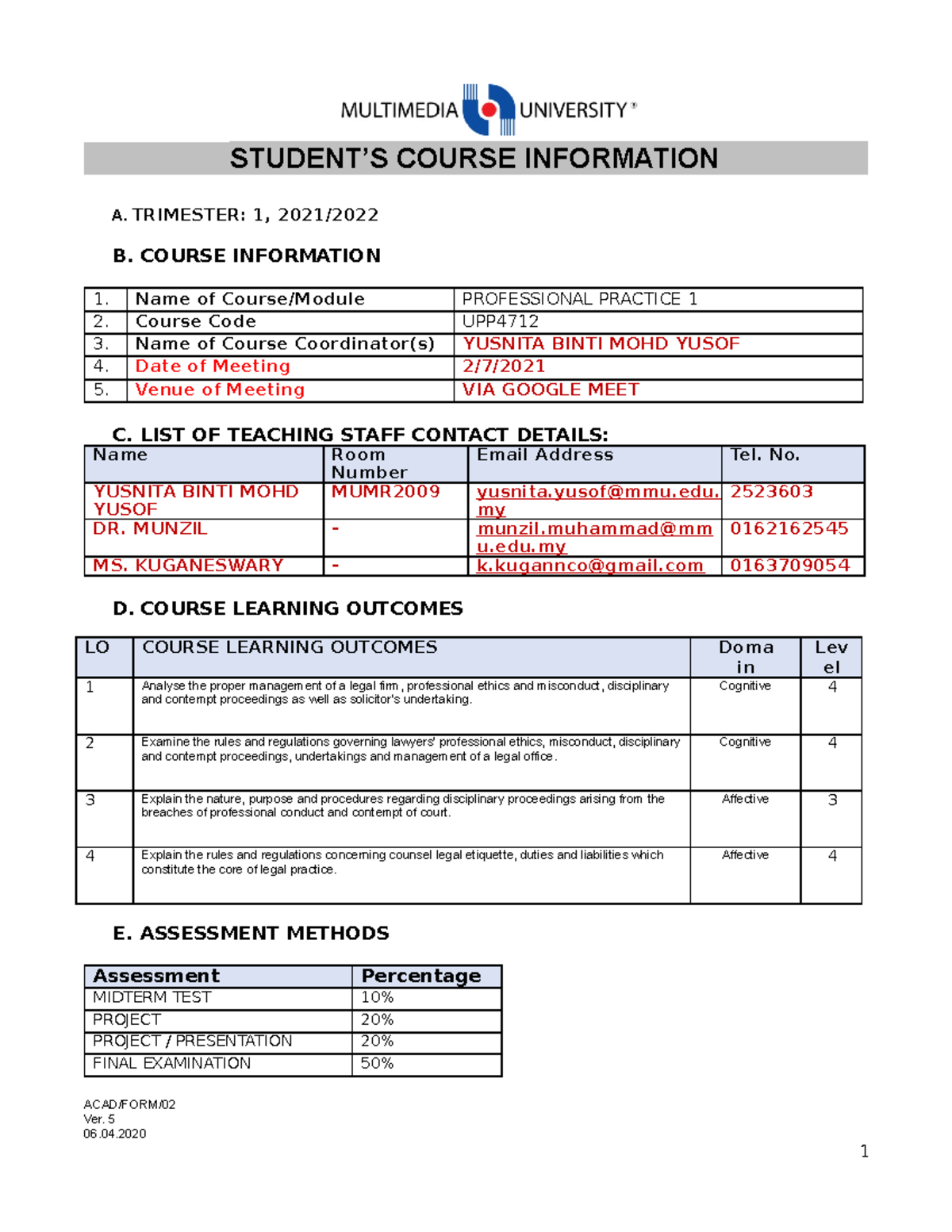 PP Course info-converted - ACAD/FORM/ Ver. 5 06. STUDENT’S COURSE ...