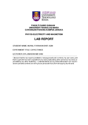 Exp 1 phy150 - Experiment 1 - PHY 150 ELECTRICITY AND MAGNETISM LABORATORY REPORT EXPERIMENT ...