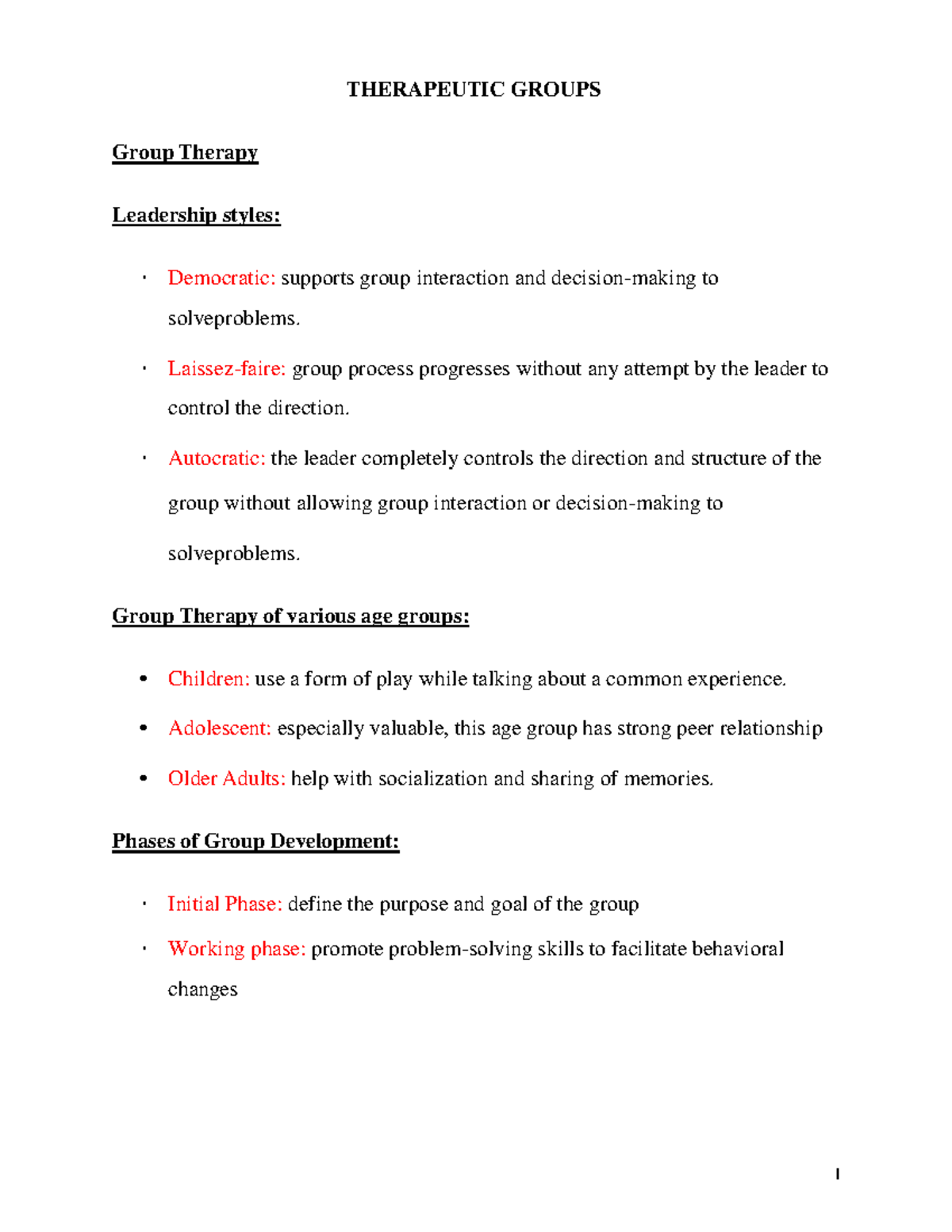 Therapeutic Groups Study Guide - 1 THERAPEUTIC GROUPS Group Therapy ...