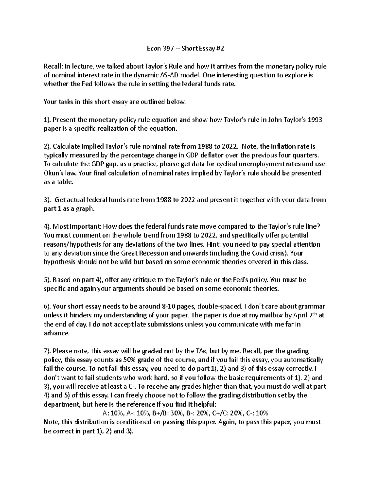 Econ 397, Essay 2 - Lecture notes specification - Econ 397 - Short ...