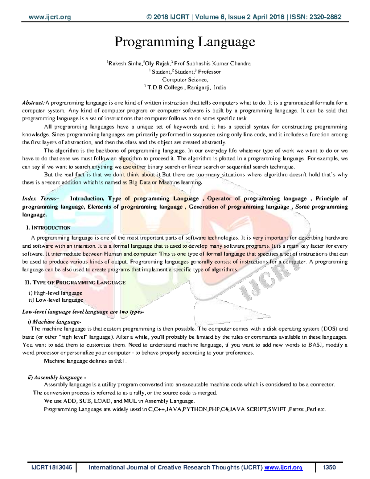 Ijcrt 1813046 - good - Programming Language 1 Rakesh Sinha, 2 Oly Rajak, 3 Prof Subhashis Kumar ...