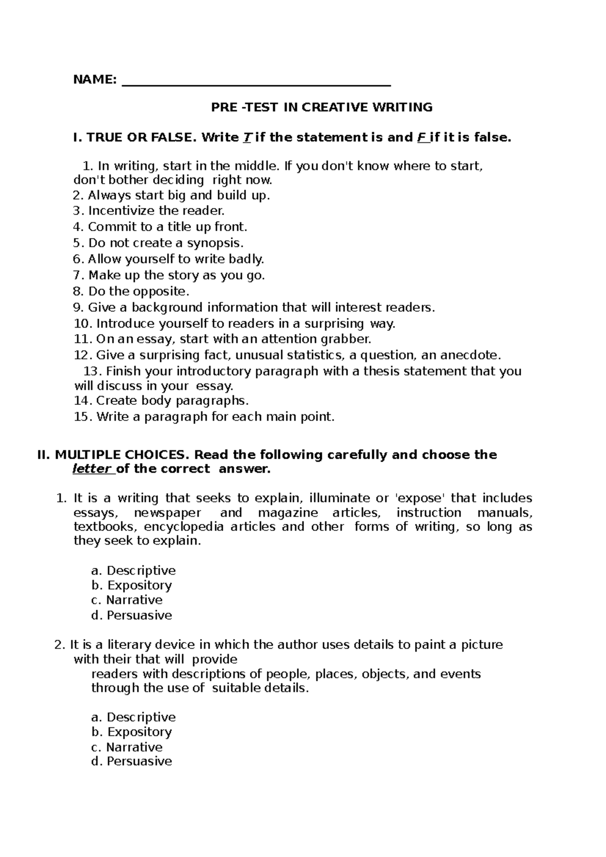 Creative Writing Pre-Test (Adapted from other Modules) - NAME: - Studocu