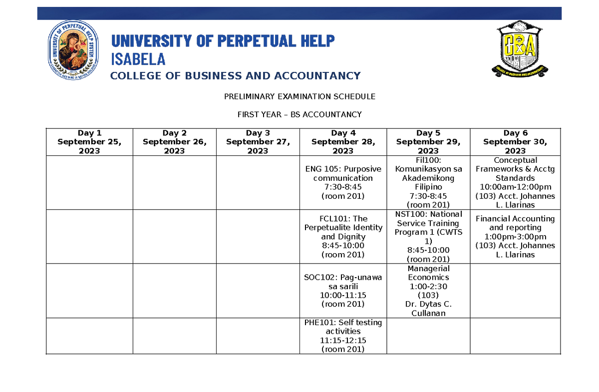 BSA Prelim Schedule 1ST SEM 2023 2024 - PRELIMINARY EXAMINATION ...