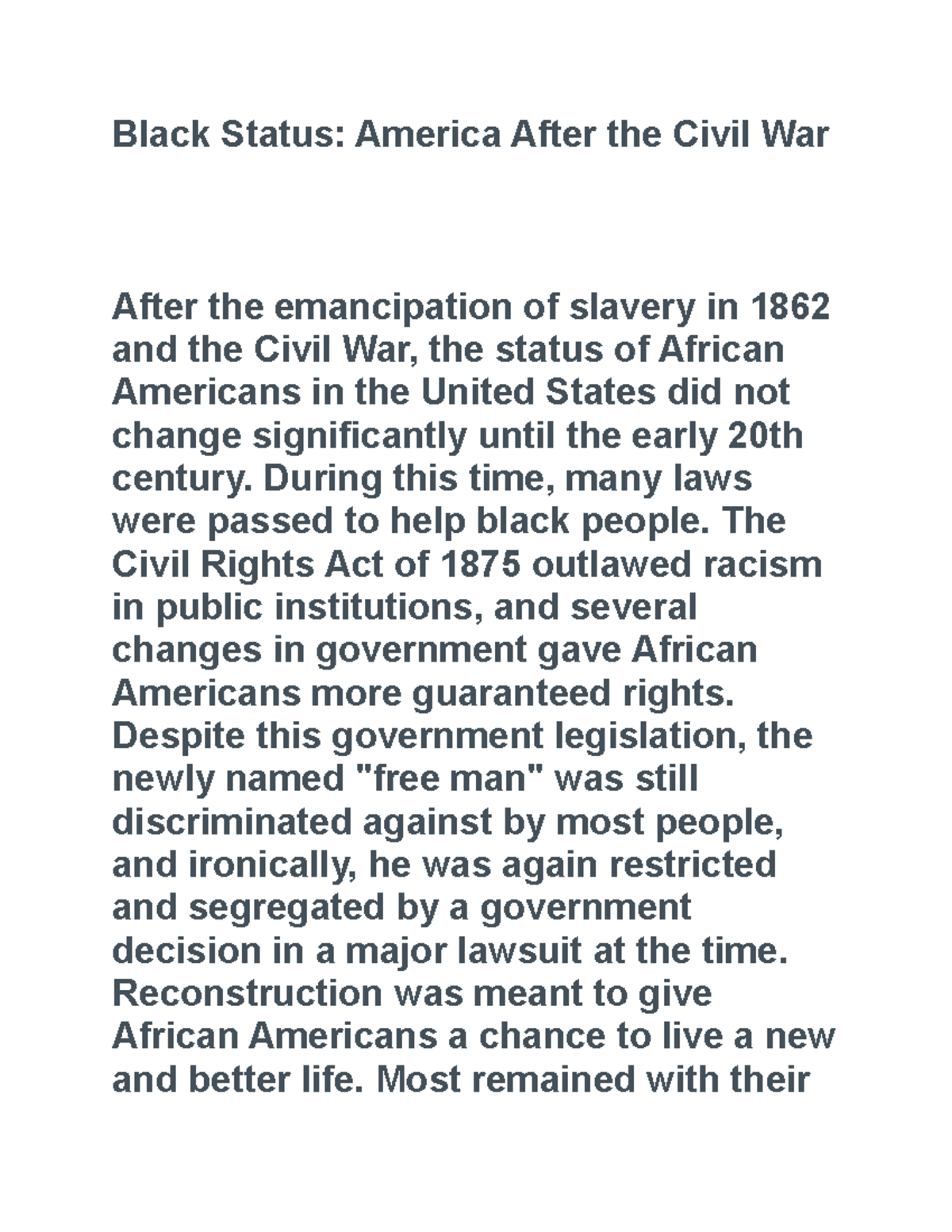 Black Status Post Civil War America - Black Status: America After the ...