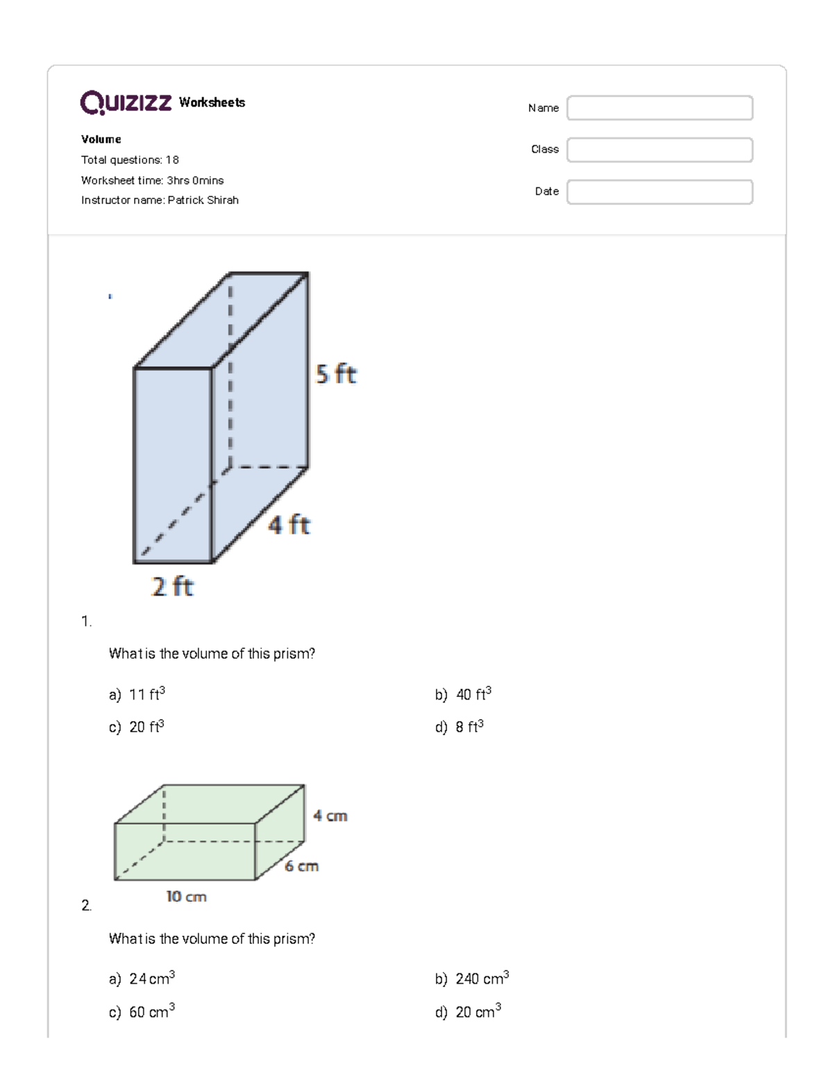 Quiz - Volume - quiz - Worksheets Volume Total questions: 18 Worksheet ...
