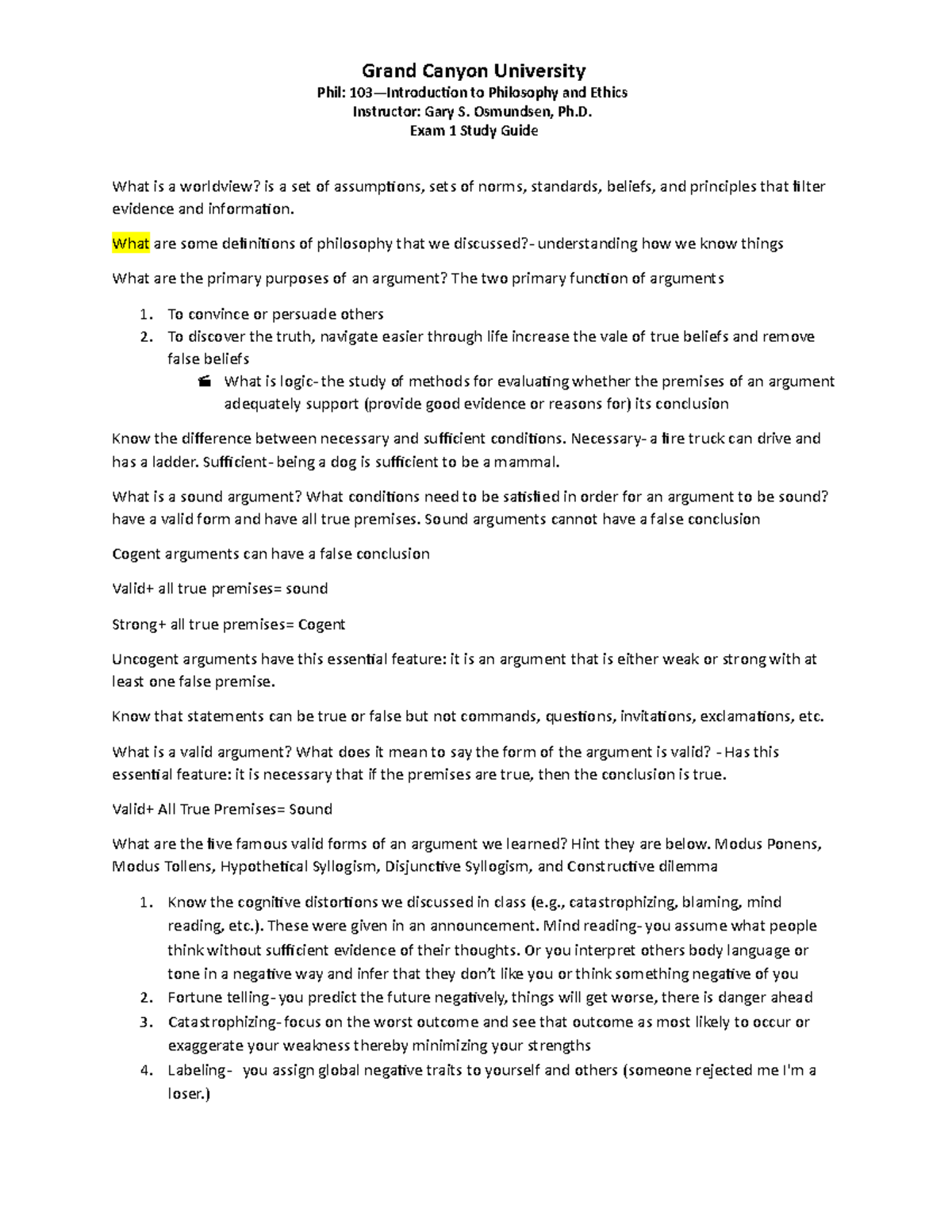 Exam 1 Study Guide Fall 2021 - Grand Canyon University Phil: 103 ...