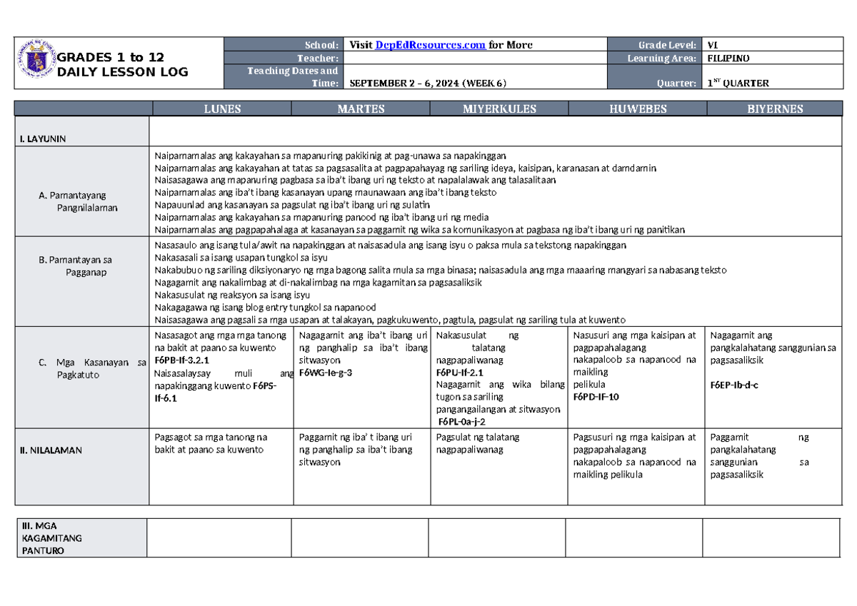 DLL Filipino 6 Q1 W6 - daily lesson log - GRADES 1 to 12 DAILY LESSON ...