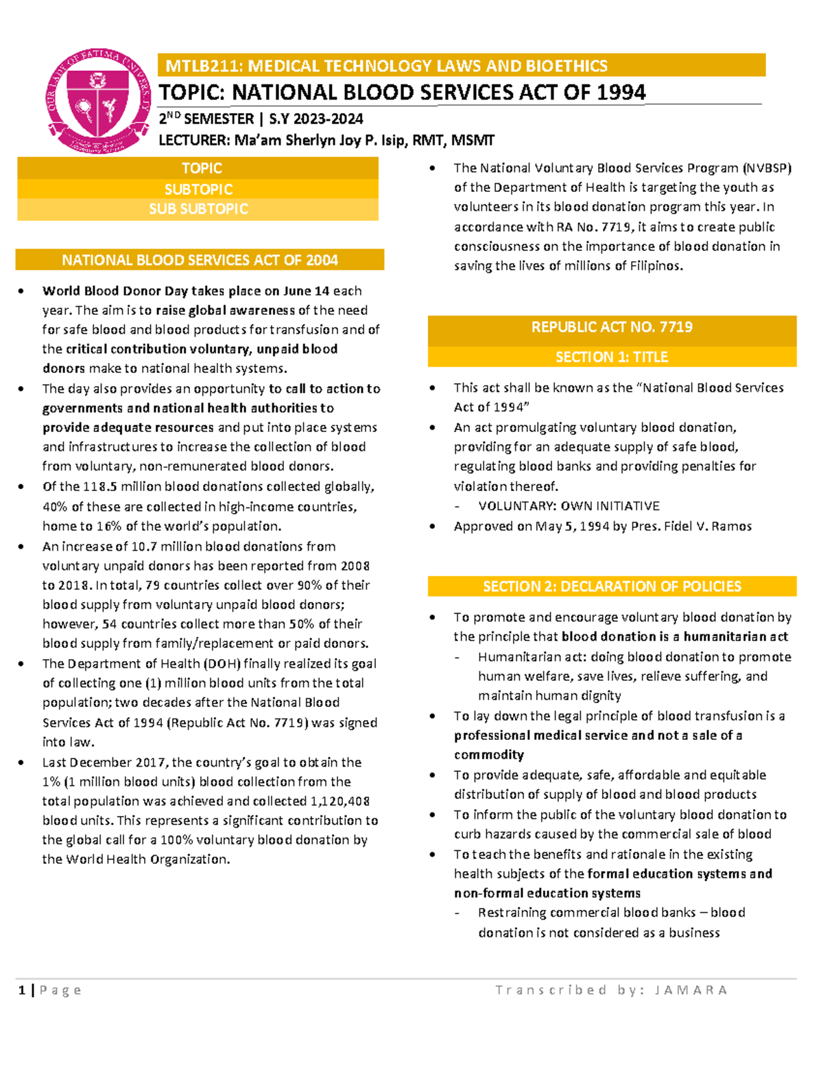 1 - National Blood Services ACT OF 1994 [R.A. ACT NO. 7719] - TOPIC ...