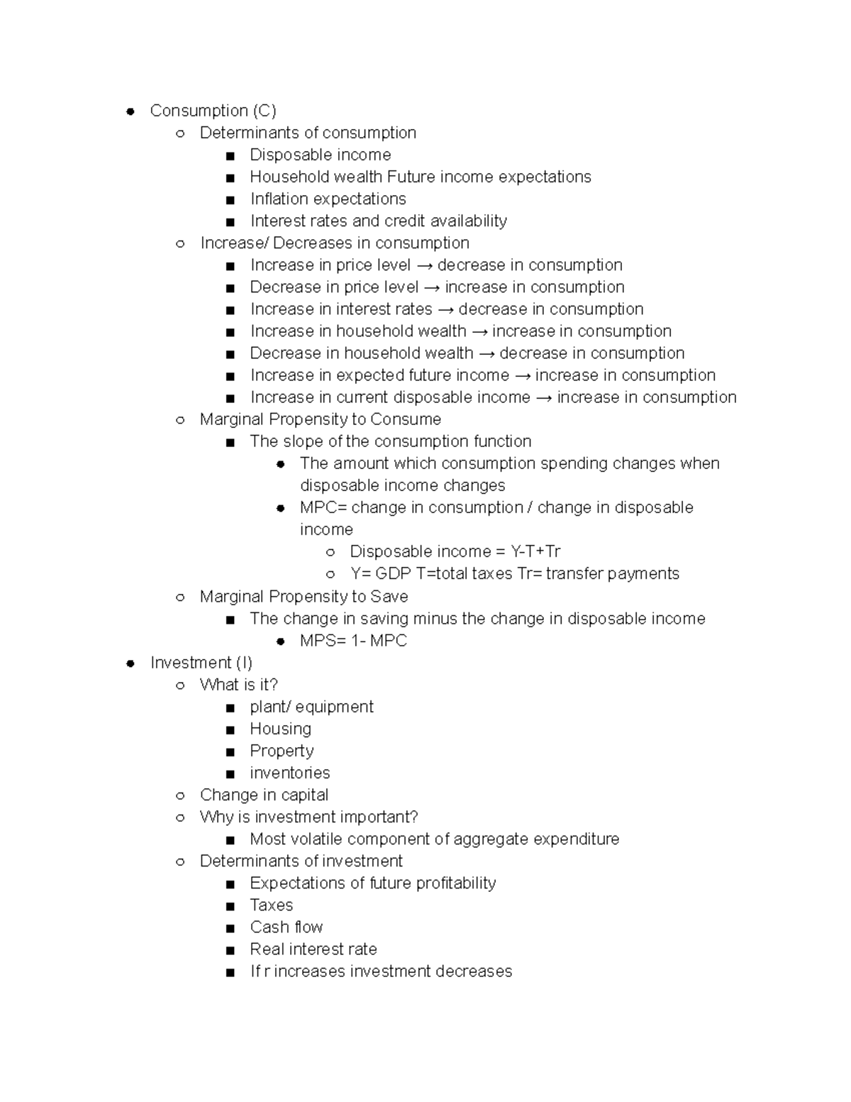 Midterm 2 Topics - Consumption (C) Determinants of consumption ...