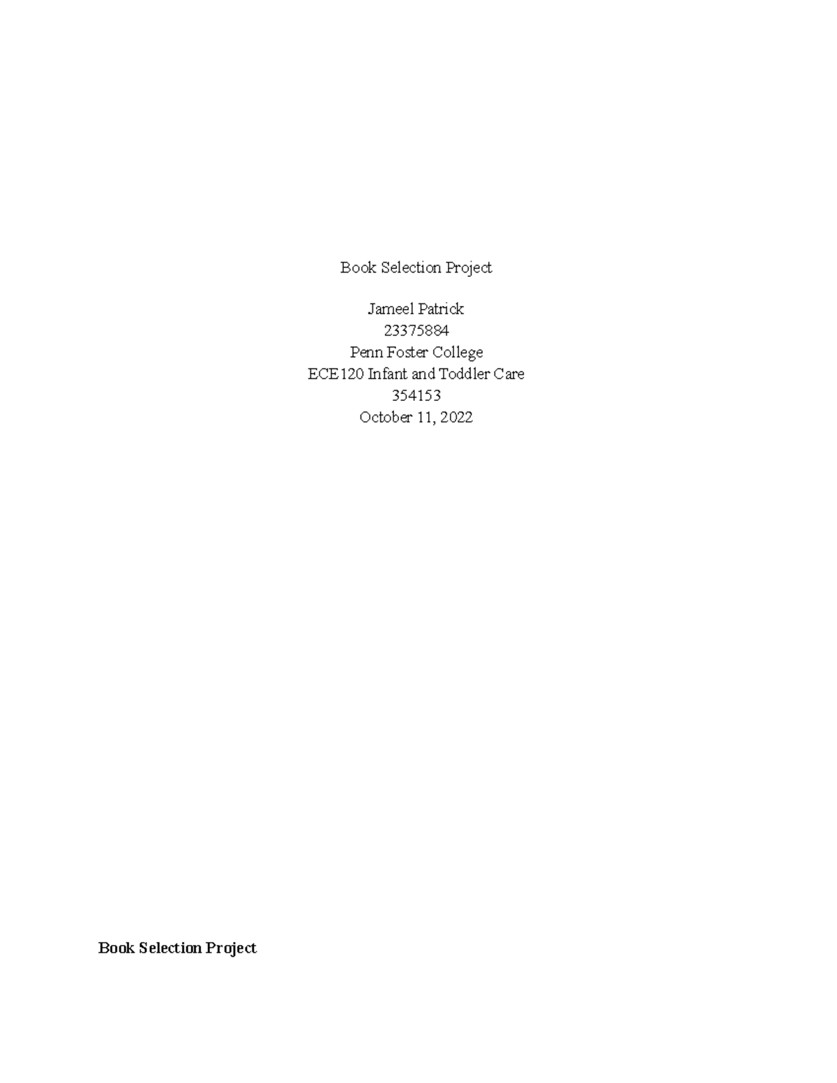 Book Selection Project - Book Selection Project Jameel Patrick 23375884 ...