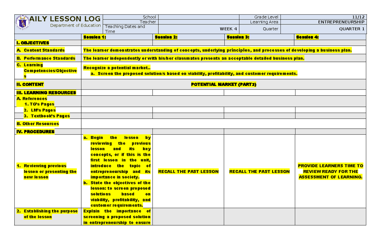 Entrep Q1 WEEK4 - dll - DAILY LESSON LOG Department of Education School ...
