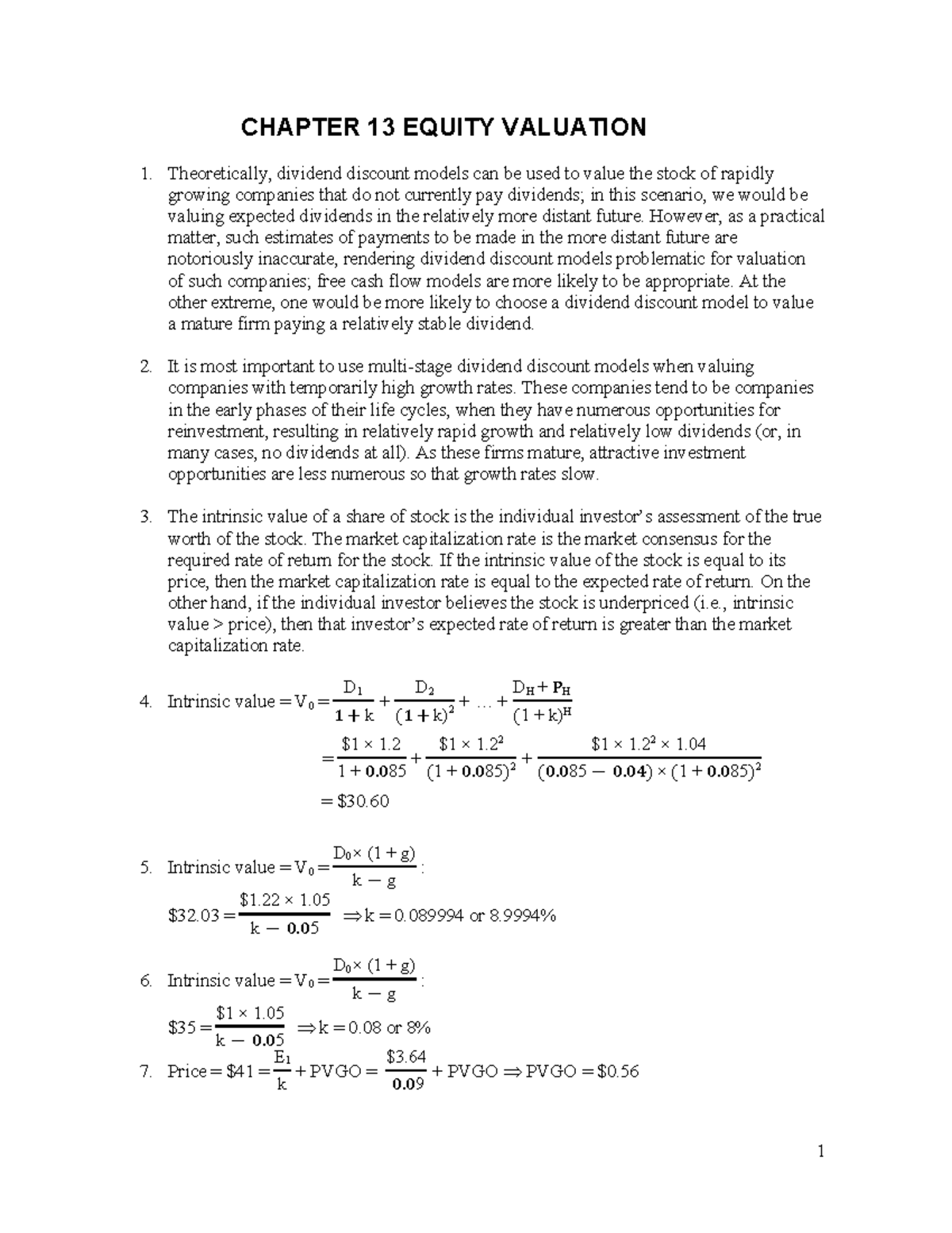 Chapter 13 Solutions - CHAPTER 13 EQUITY VALUATION 1. Theoretically, dividend discount models ...
