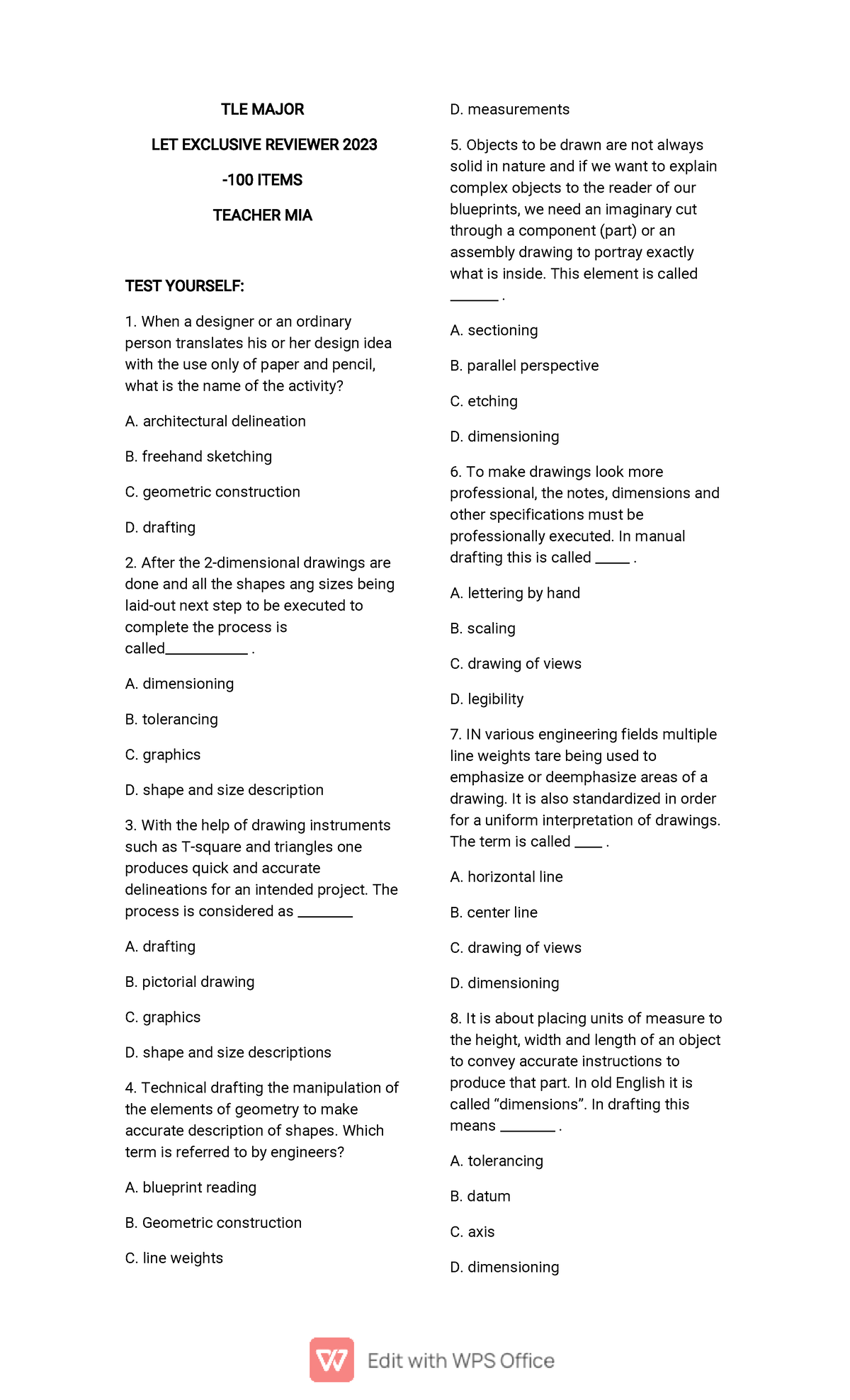 TLE- Majorship practice questions - TLE MAJOR LET EXCLUSIVE REVIEWER ...