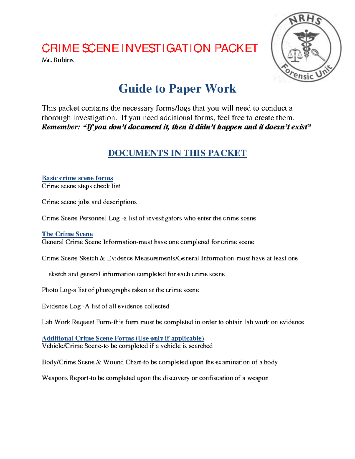 Crime Scene Packet 2024 - CRIME SCENE INVESTIGATION PACKET Mr. Rubins ...