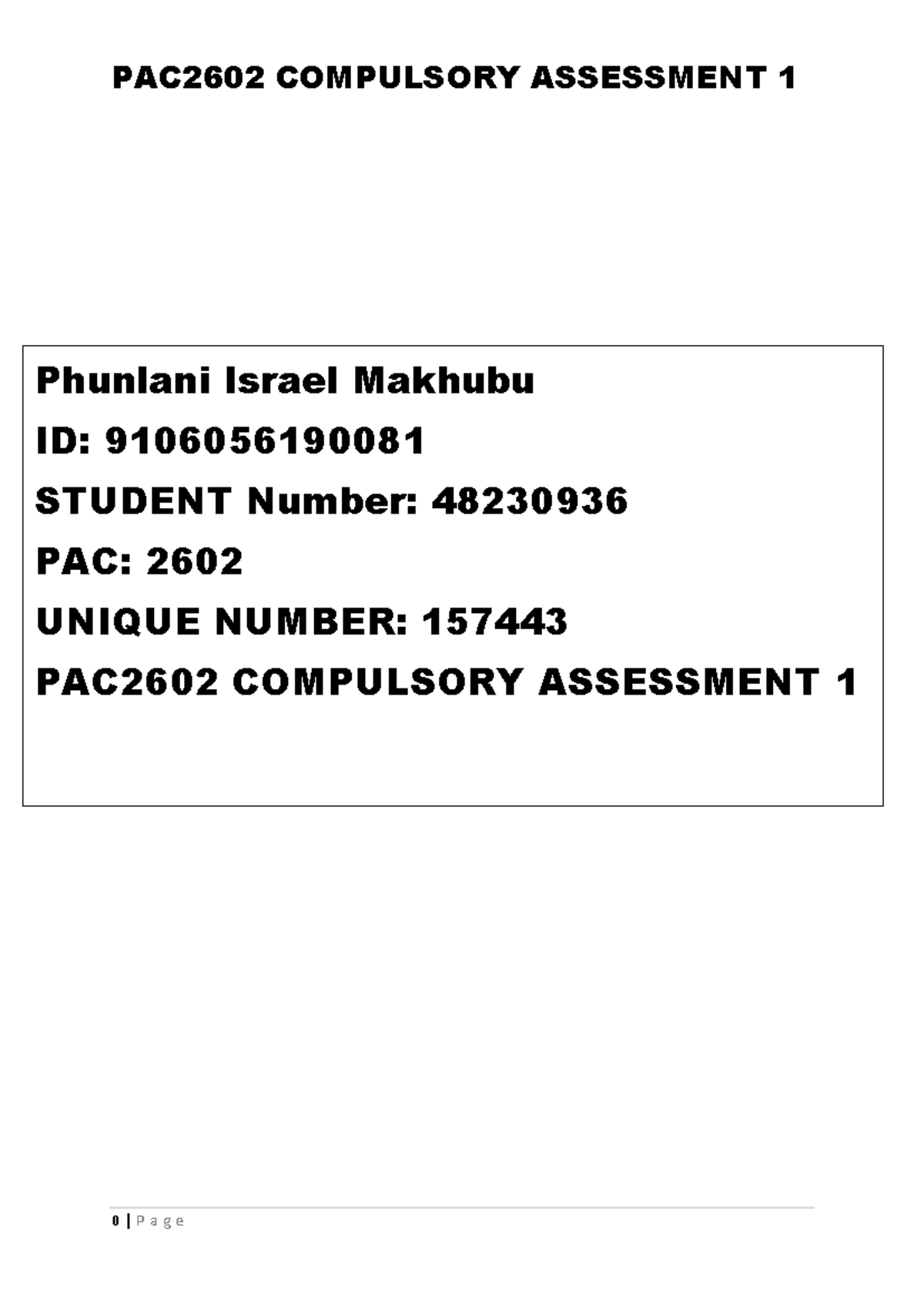 PAC2602 Assesment 01 - PAC2602 COMPULSORY ASSESSMENT 1 0 | P a g e ...