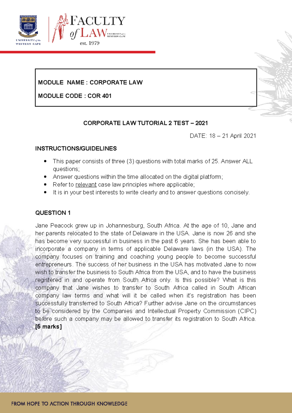 Tutorial Test 2 2021 - MODULE NAME : CORPORATE LAW MODULE CODE : COR ...
