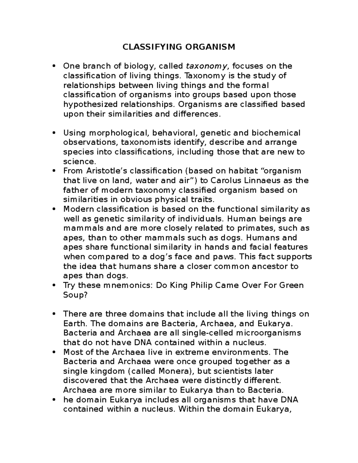 Systematics and taxonomy hand out - CLASSIFYING ORGANISM One branch of ...
