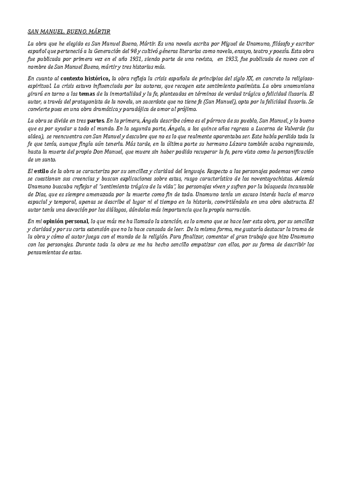 Lectura SAN Manuel Bueno, Mártir - SAN MANUEL, BUENO, MÁRTIR La obra ...