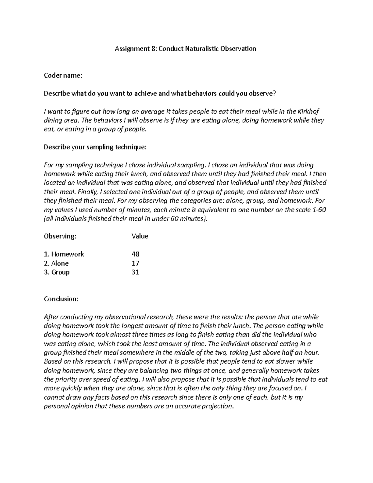 PSY 300 Assignment 8 - Assignment 8: Conduct Naturalistic Observation ...