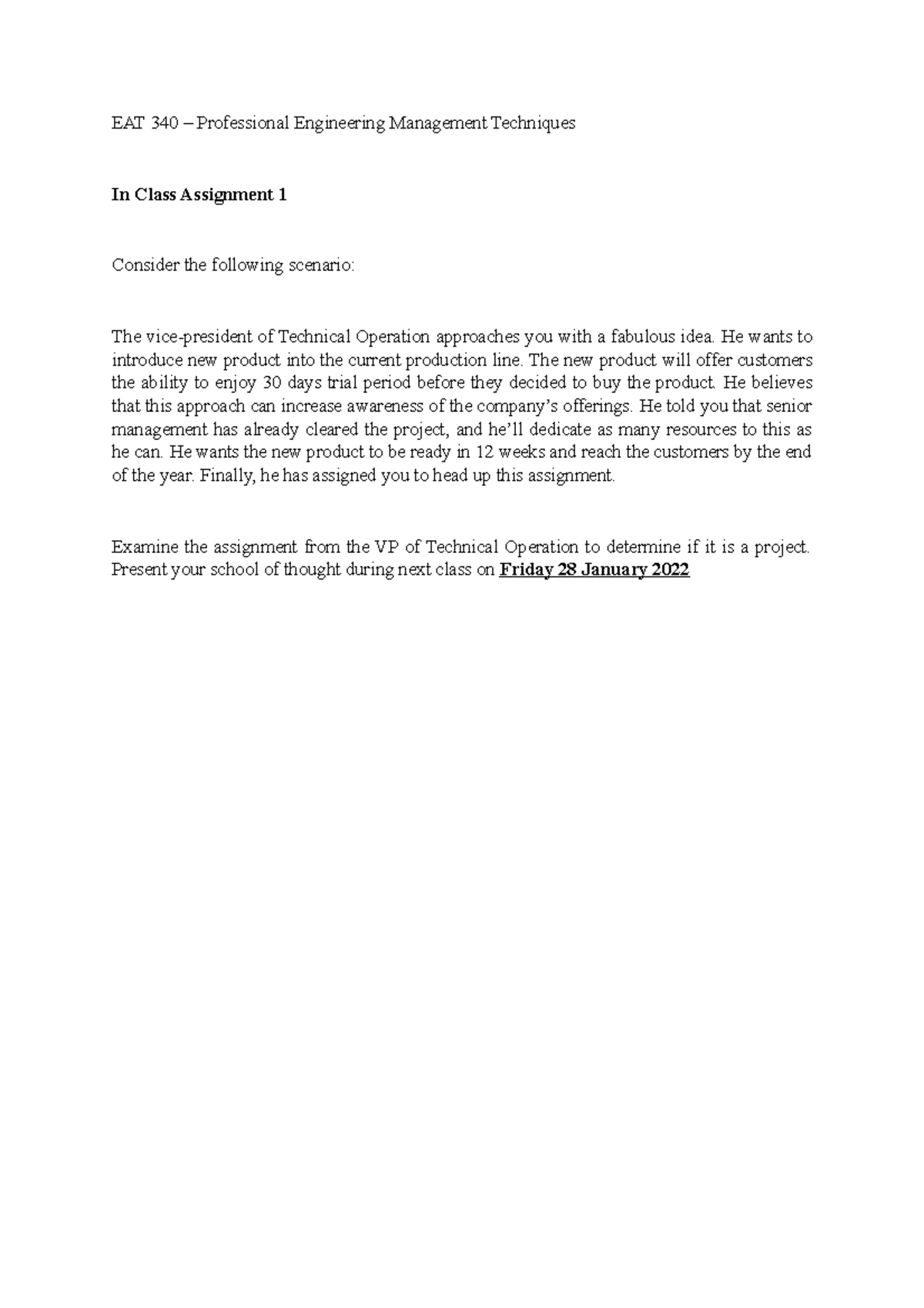 In Class Assignment 1 Question And Answer Eat 340 Professional Engineering Management 
