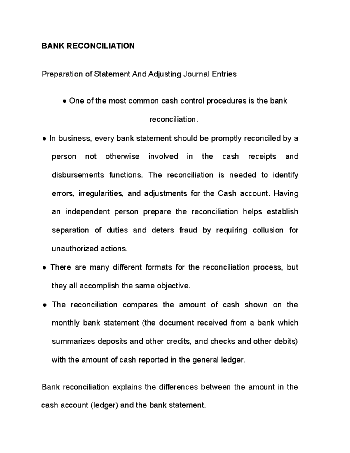 BANK Reconciliation I - BANK RECONCILIATION Preparation of Statement ...