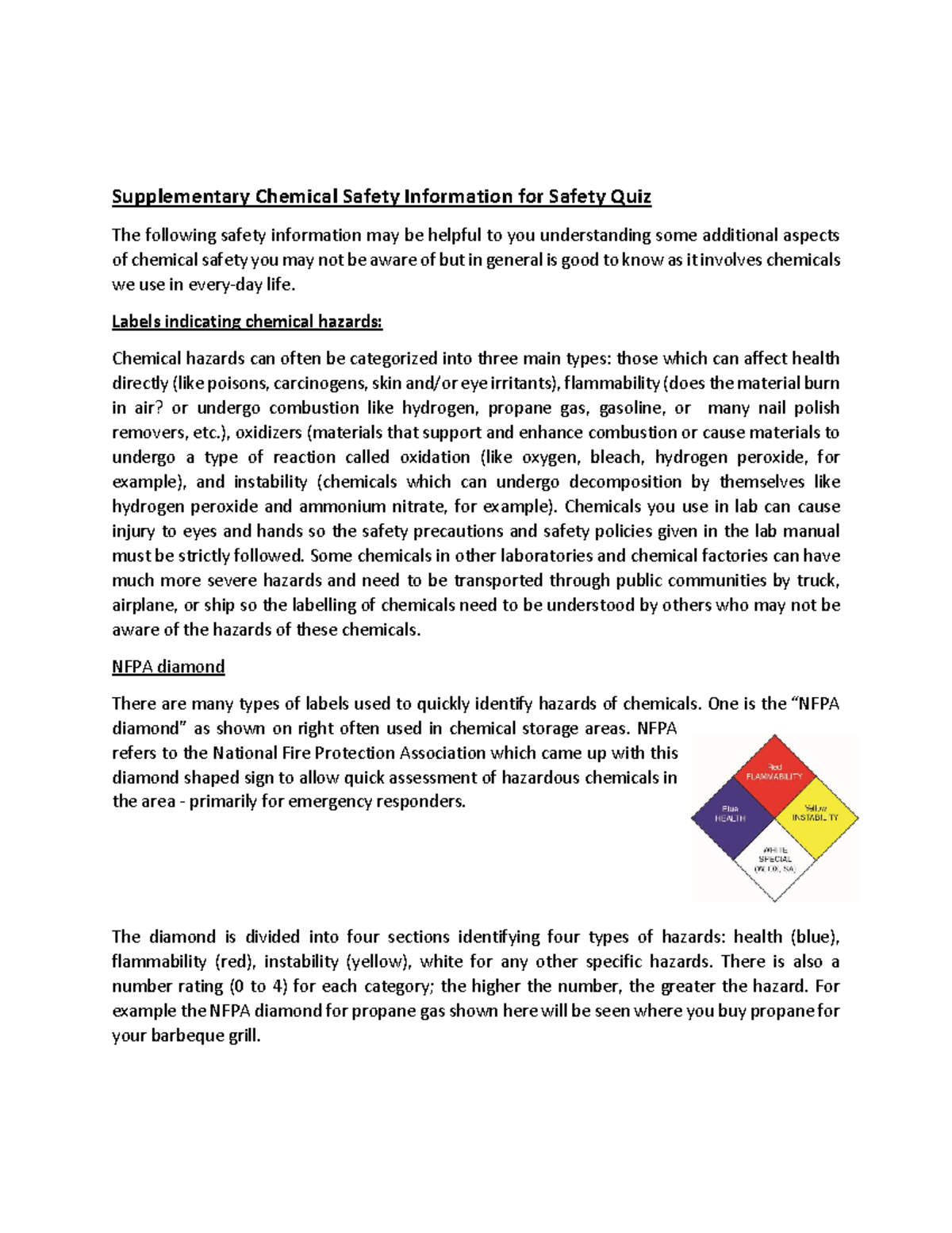Supplementary Chemical Safety Information for Safety Quiz - Labels ...